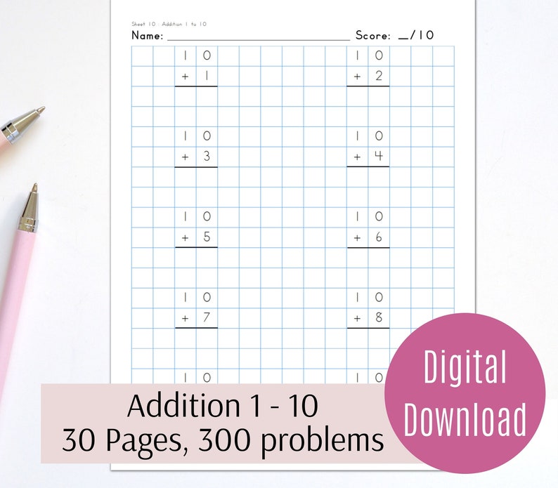 Printable 300 Addition Problems With Numbers 1 10 (Download Now) - Etsy