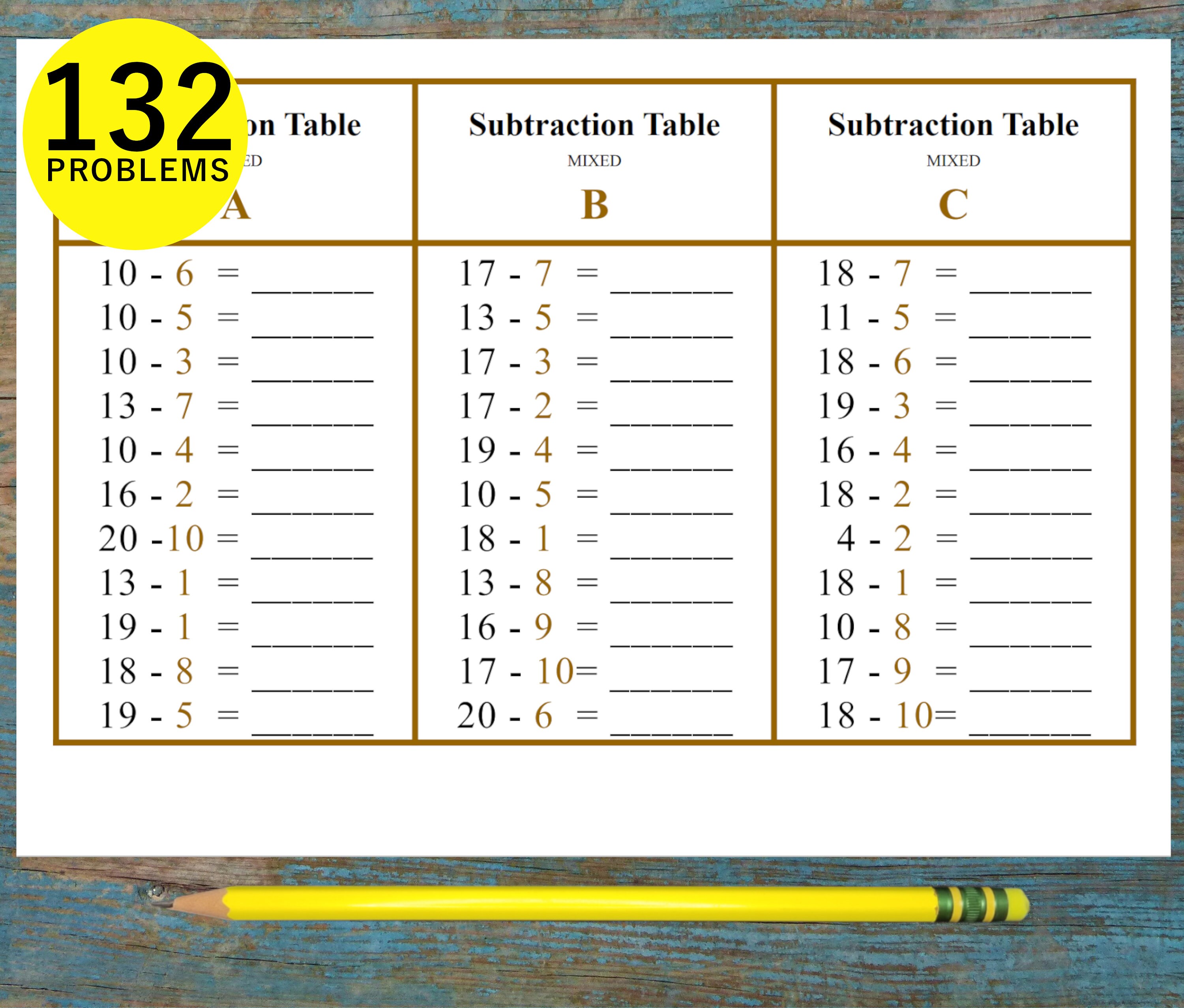 Subtraction Table Up To 20