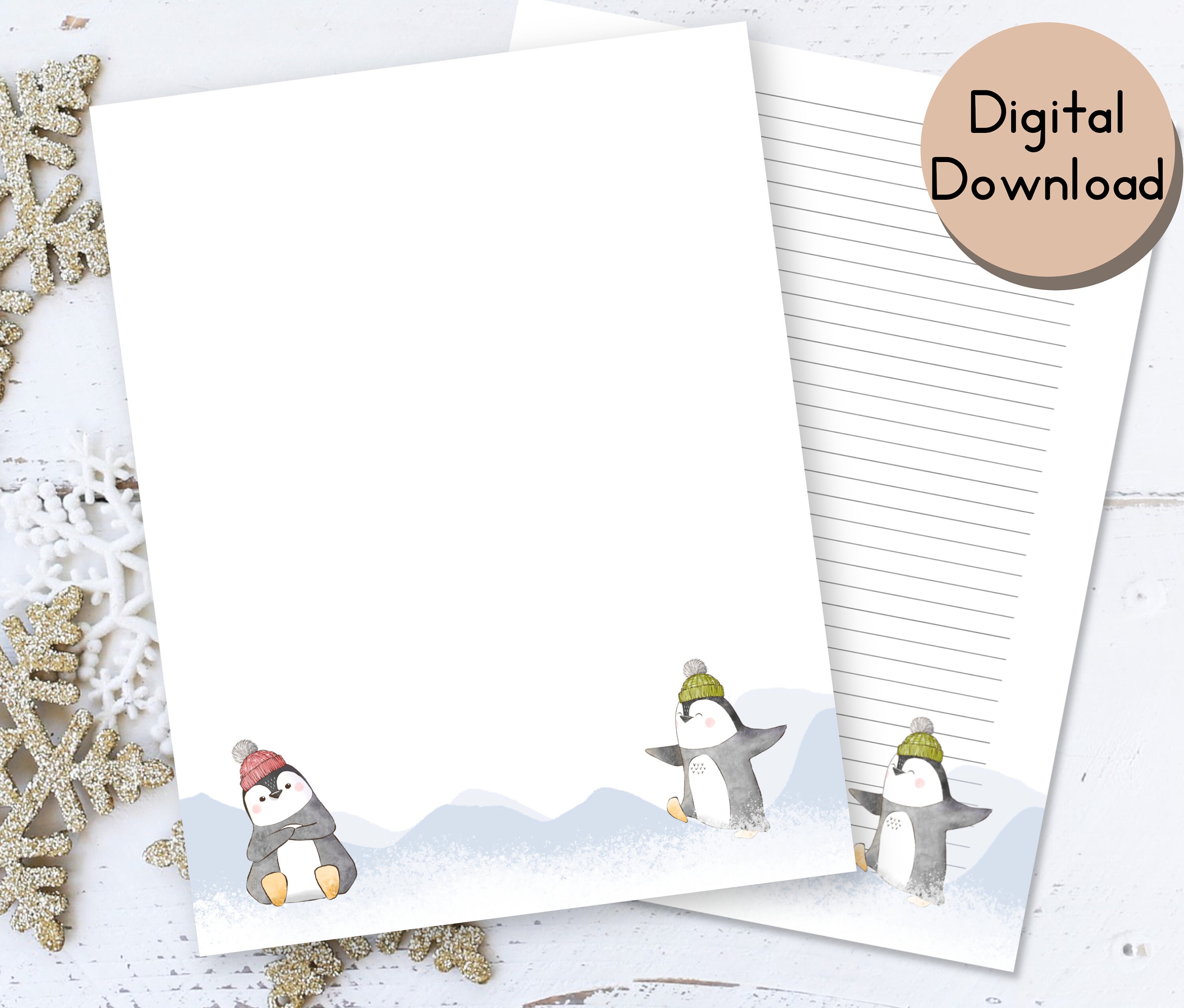 Winter Stationery Printable Writing Paper With Penguin| Lined Paper ...