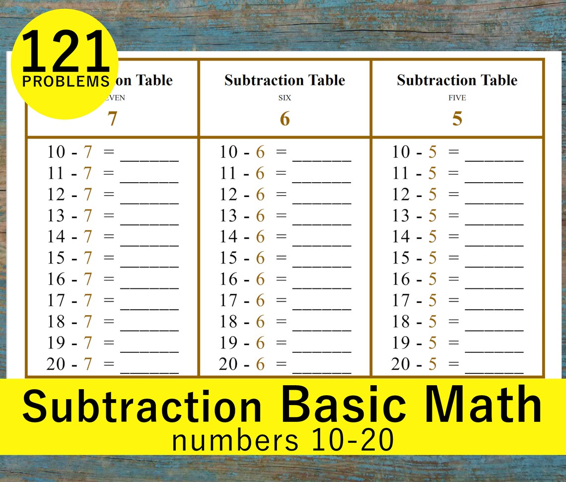 Subtraction Table Math Problems for Elementary -numbers 10 to 20 ...