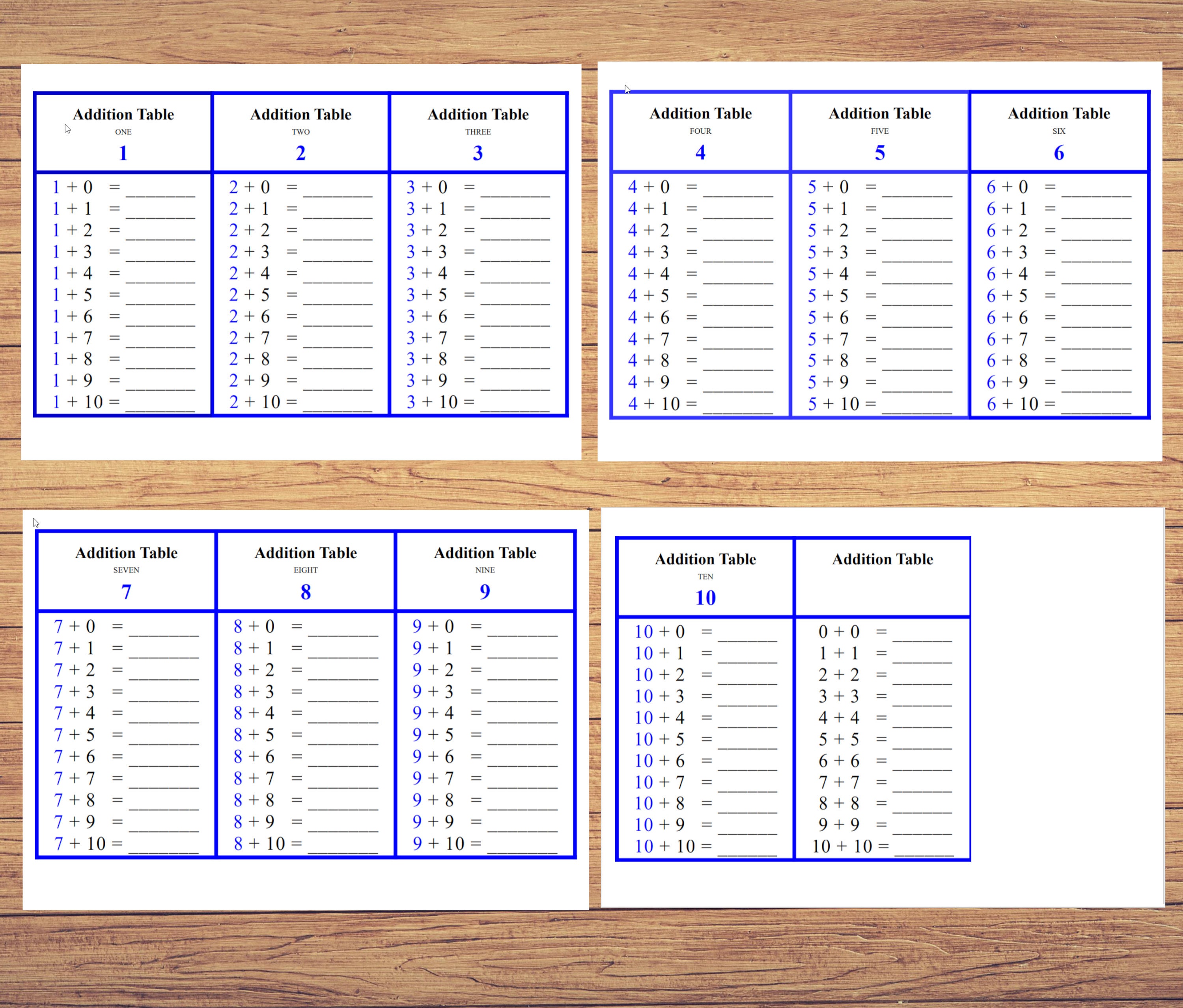 Bundle Addition Table Numbers 1 to 10 Printable for Kids- Mixed Numbers ...
