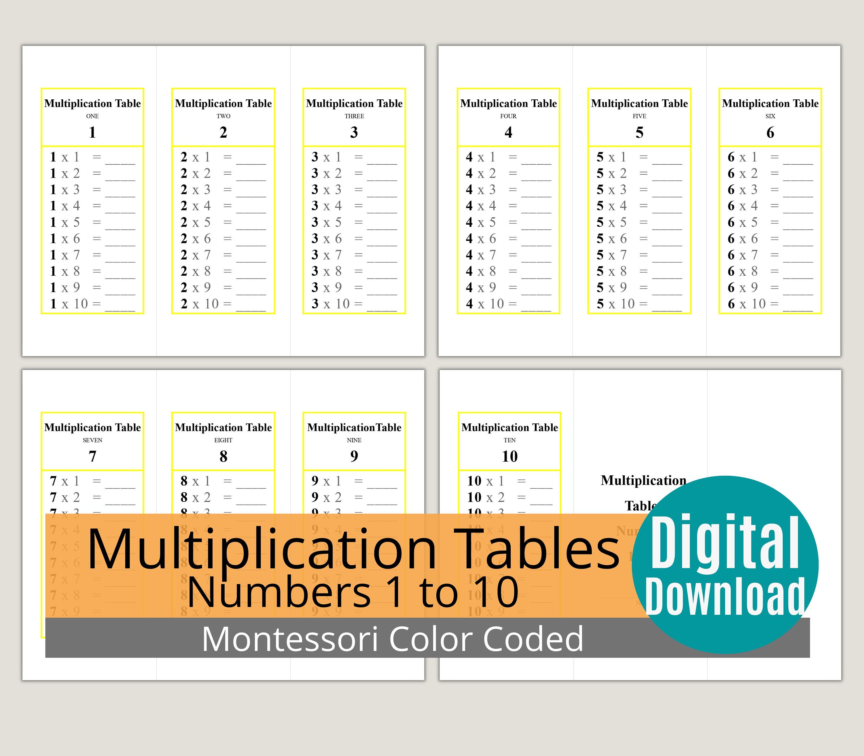 Montessori Multiplication Table Numbers 1 to 10 Printable ...