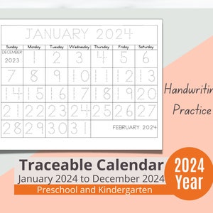 Printable Kids Monthly Calendar for 2024 With Dotted Numbers to Trace ...