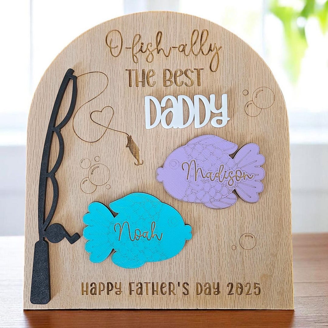 Personalized Dad Fishing Sign: Hooked on Daddy, Kids Names Wood Art - Etsy