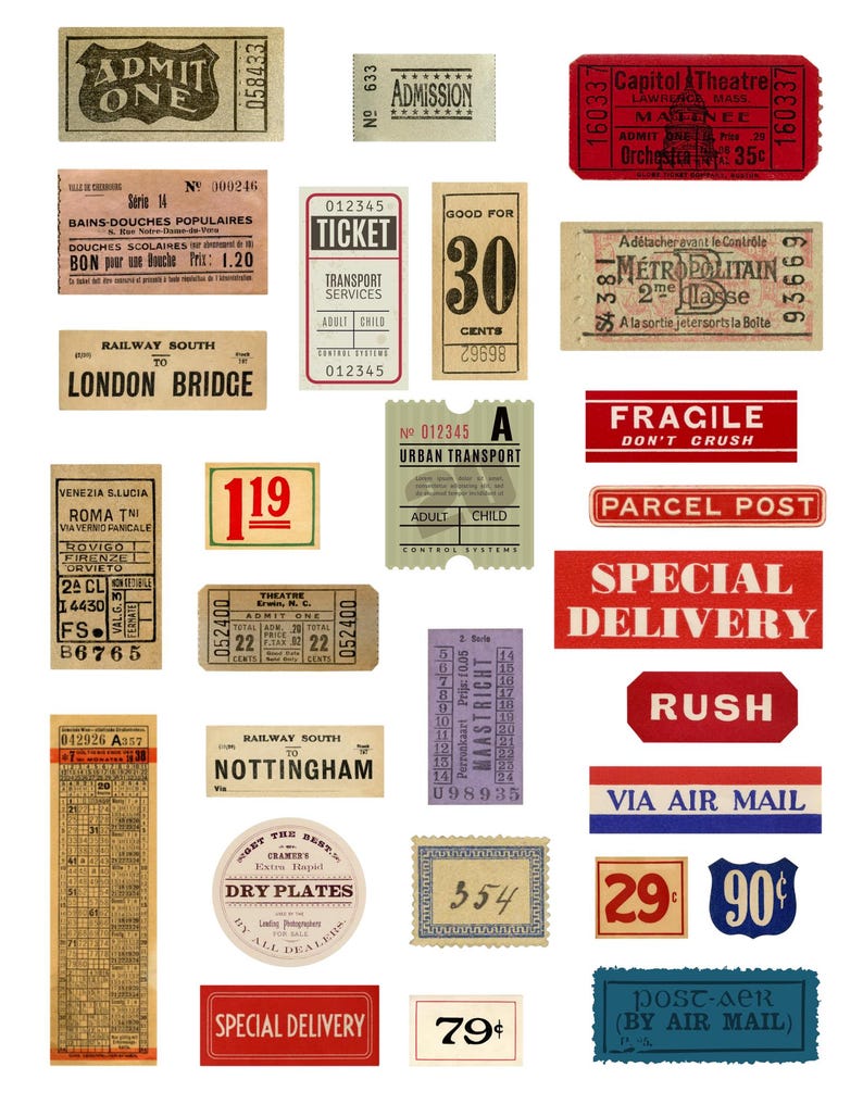 Vintage Tickets & Labels on 3 Pages, 300 DPI 8 X 11 Portrait Papers ...