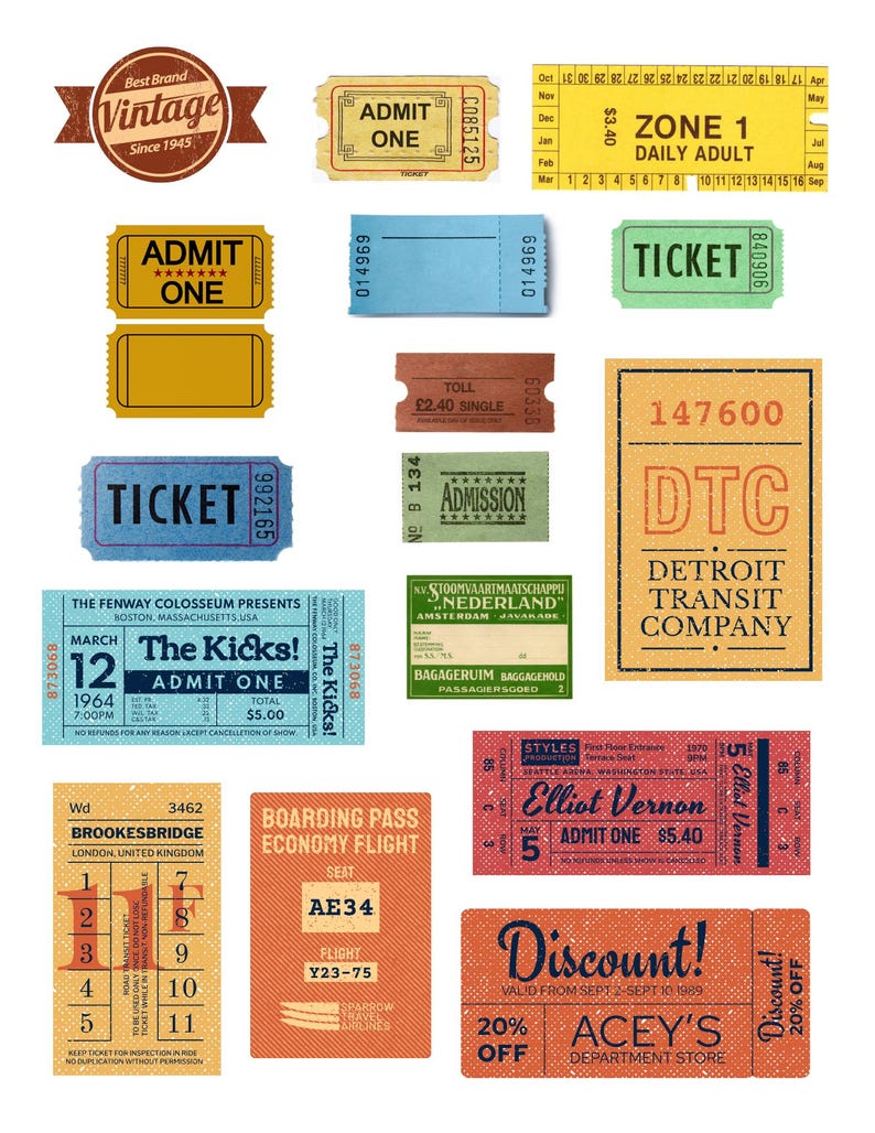 Vintage Tickets & Labels on 3 Pages, 300 DPI 8 X 11 Portrait Papers ...