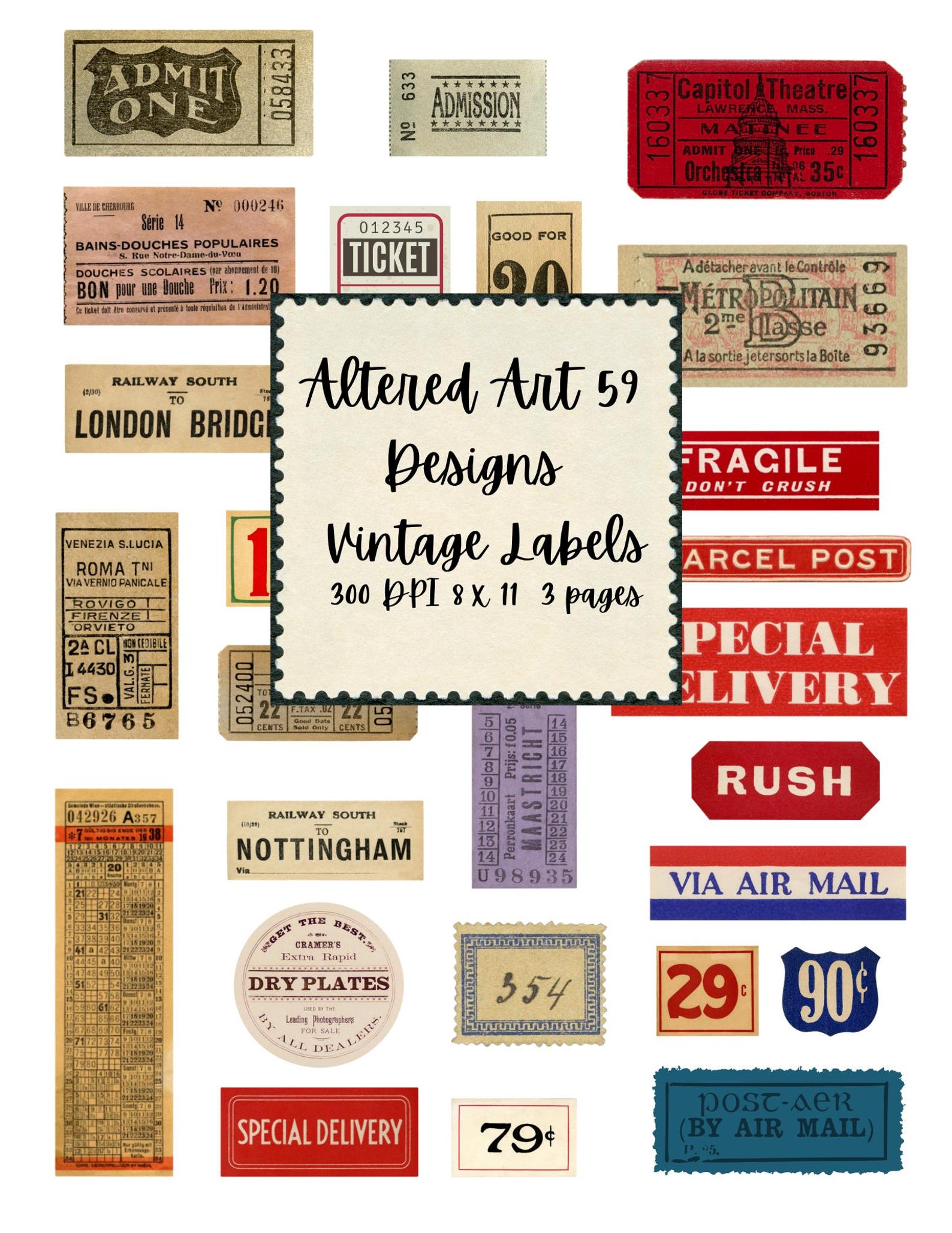 Vintage Tickets & Labels on 3 Pages, 300 DPI 8 X 11 Portrait Papers ...