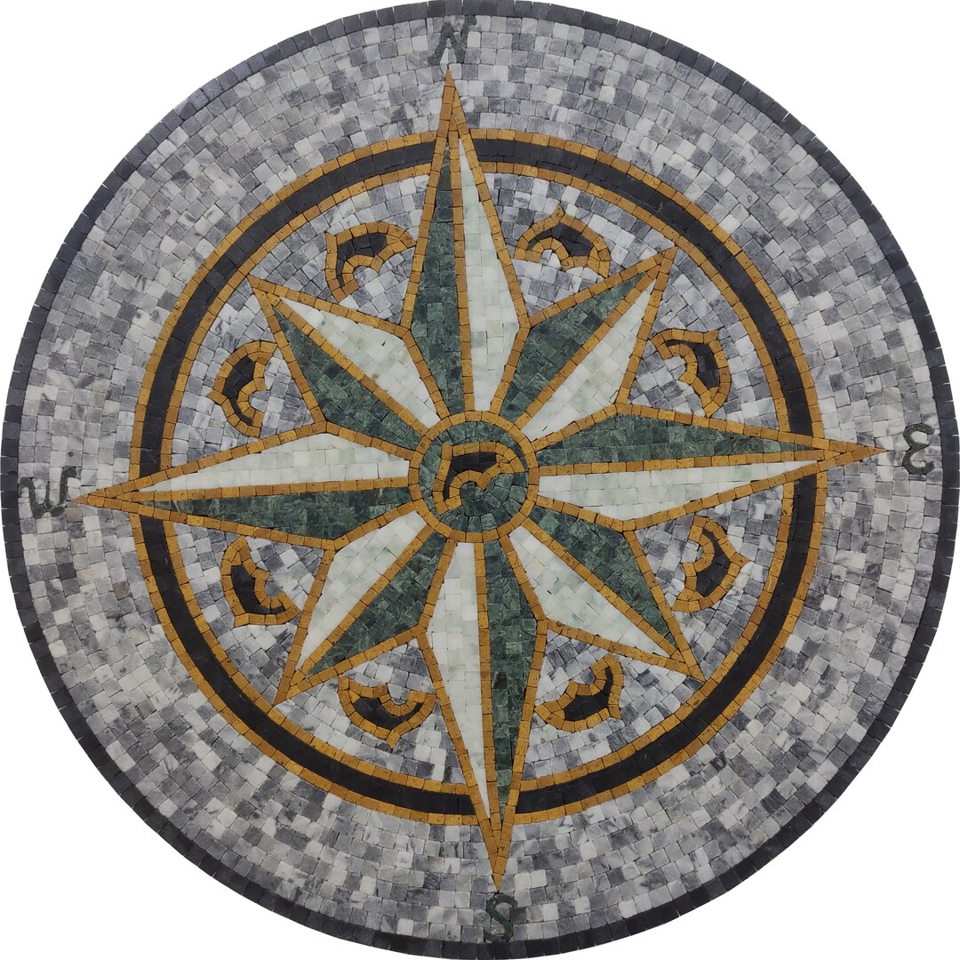 Gray Compass Marble Mosaic NSEW Nautical Medallion Customizable Stone ...