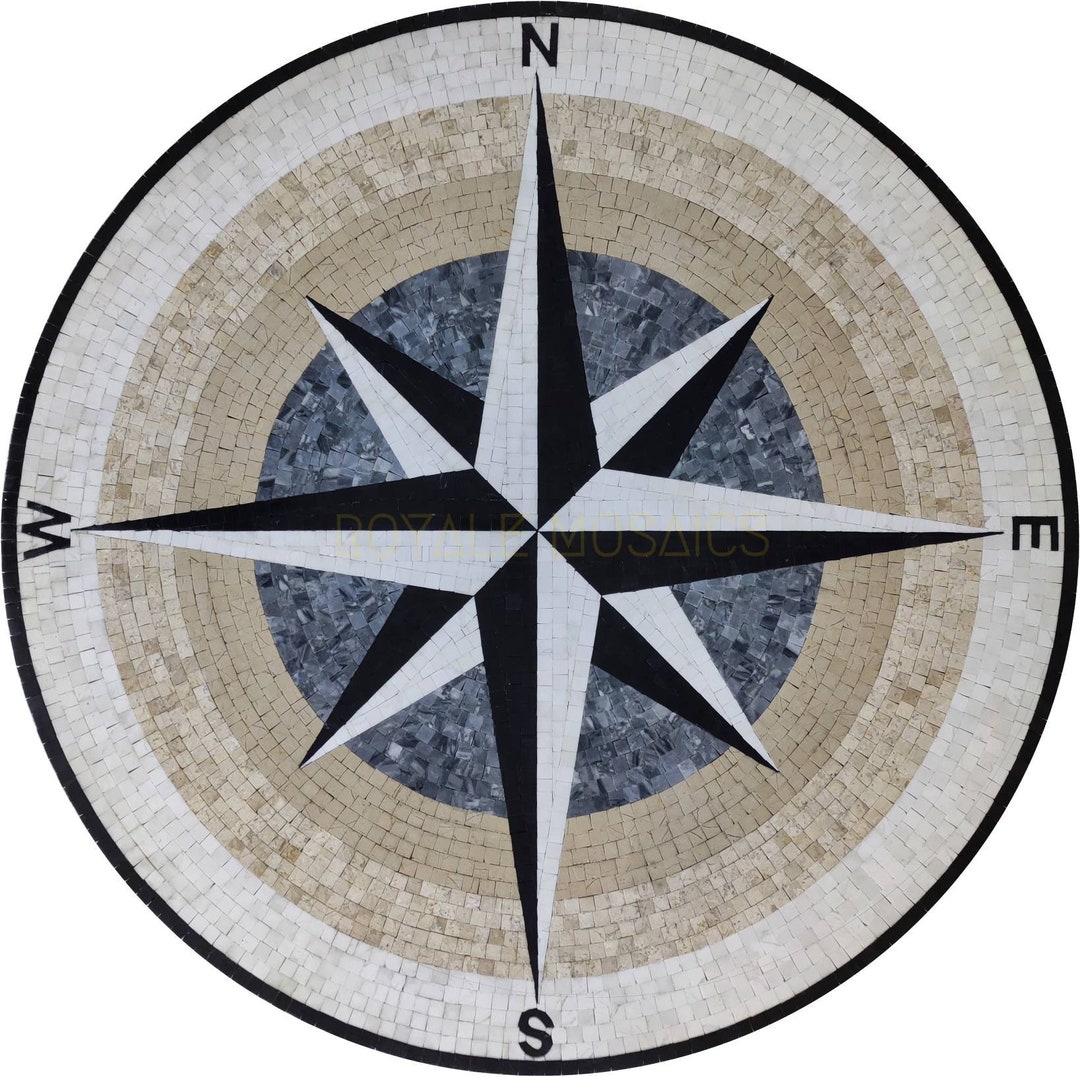 Marble Compass Rose Mosaic Art - Handmade Nautical Star Inlay Luxury ...