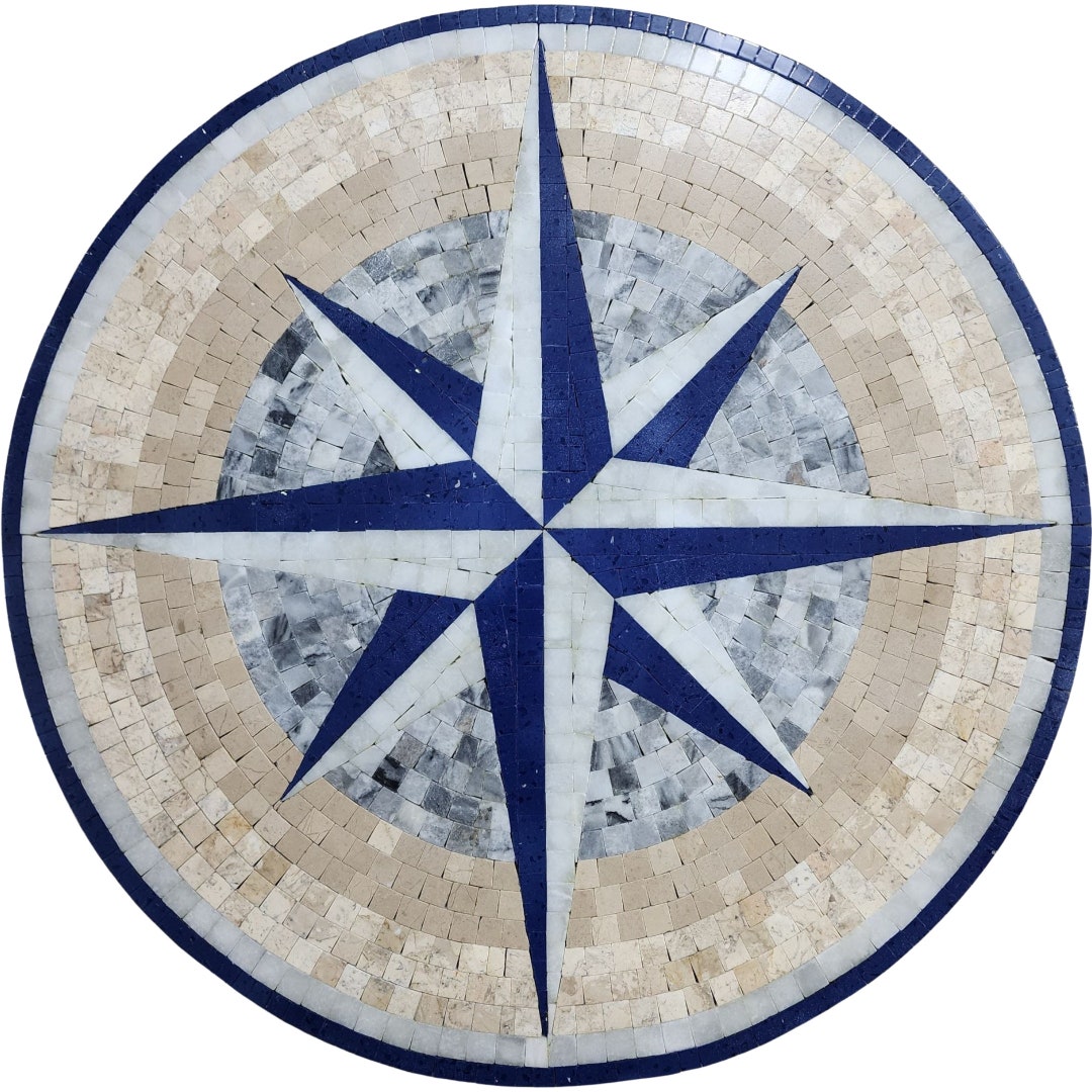 Nautical Compass Rose Marble Mosaic With Dark Blue Handmade Round Stone ...