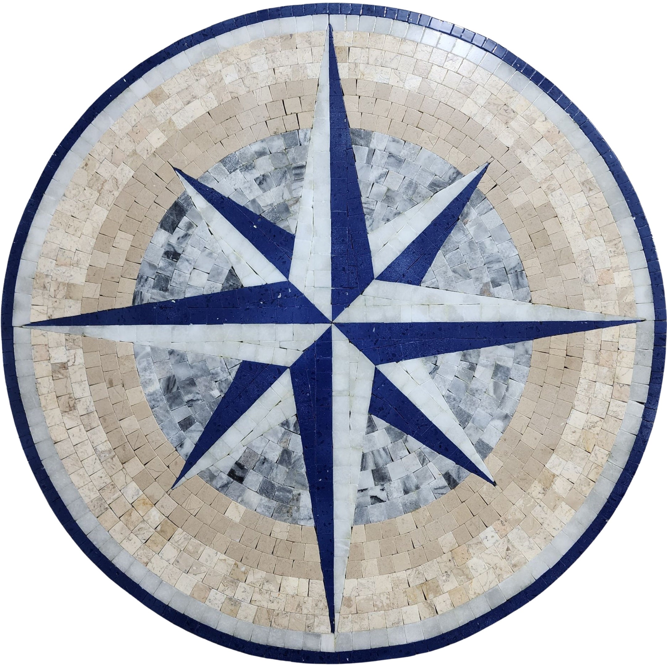 Nautical Compass Rose Marble Mosaic With Dark Blue Handmade Round Stone ...