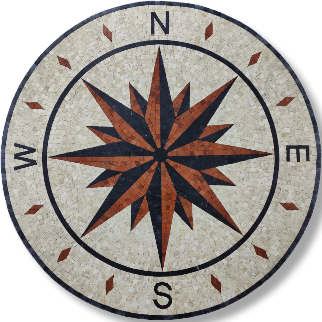 Marble Compass Rose Mosaic Medallion | Handcrafted Nautical Stone Inlay ...