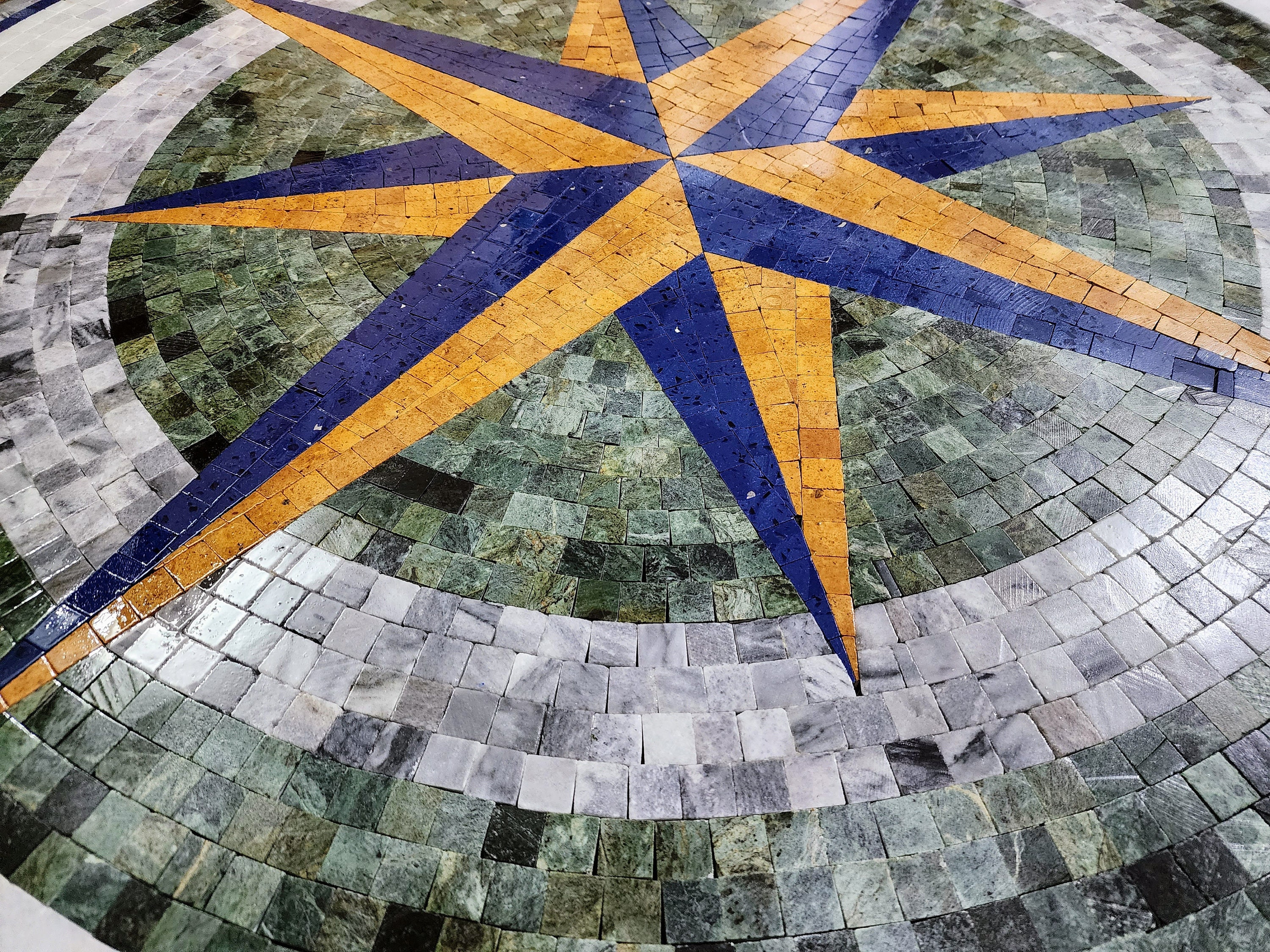 Square Marble Compass Rose Mosaic – Blue & Gold Nautical NSEW Design ...