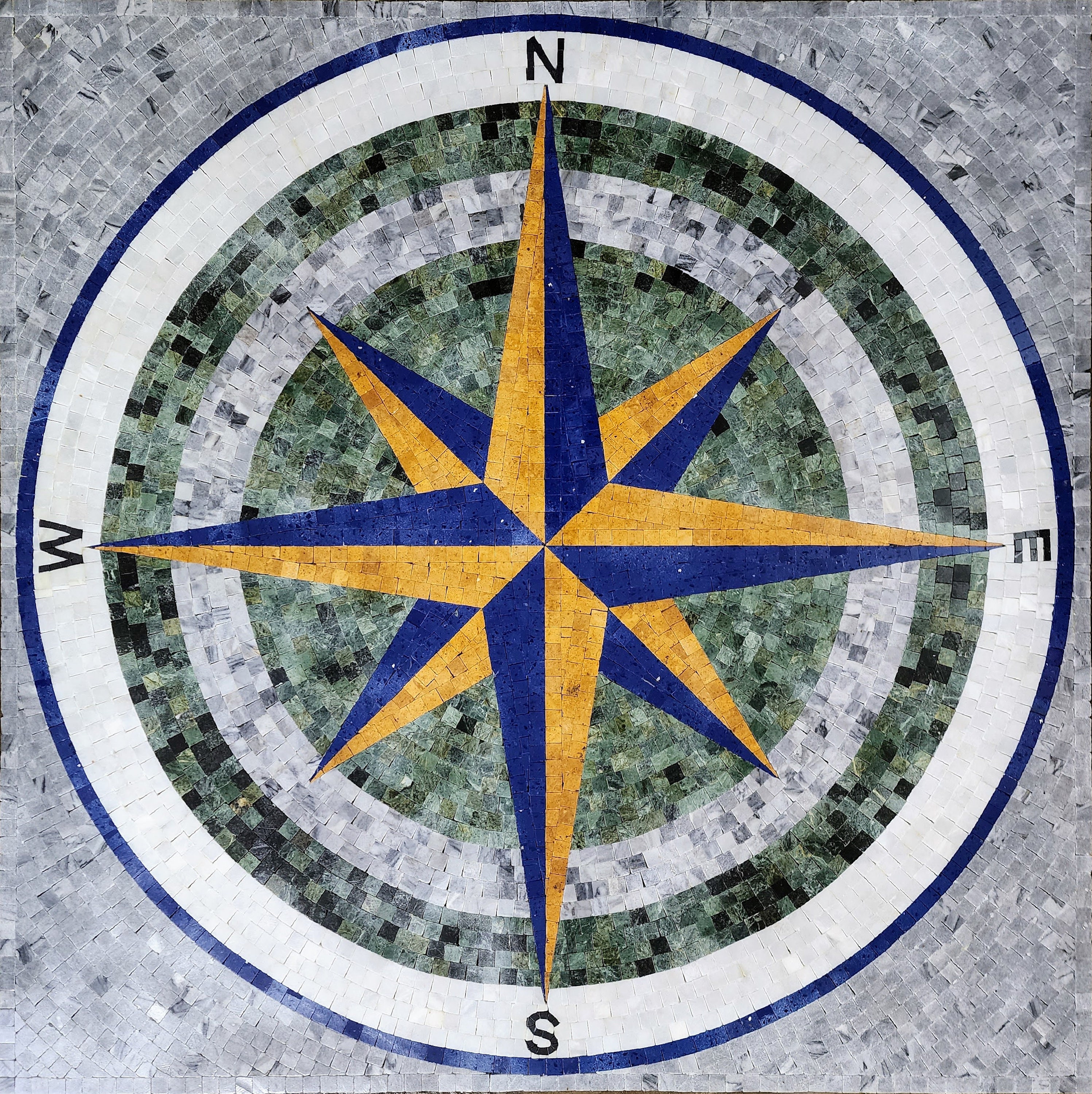 Square Marble Compass Rose Mosaic – Blue & Gold Nautical NSEW Design ...