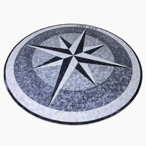 Dual Grey Compass Marble Mosaic Round Nautical Medallion, Natural Stone ...