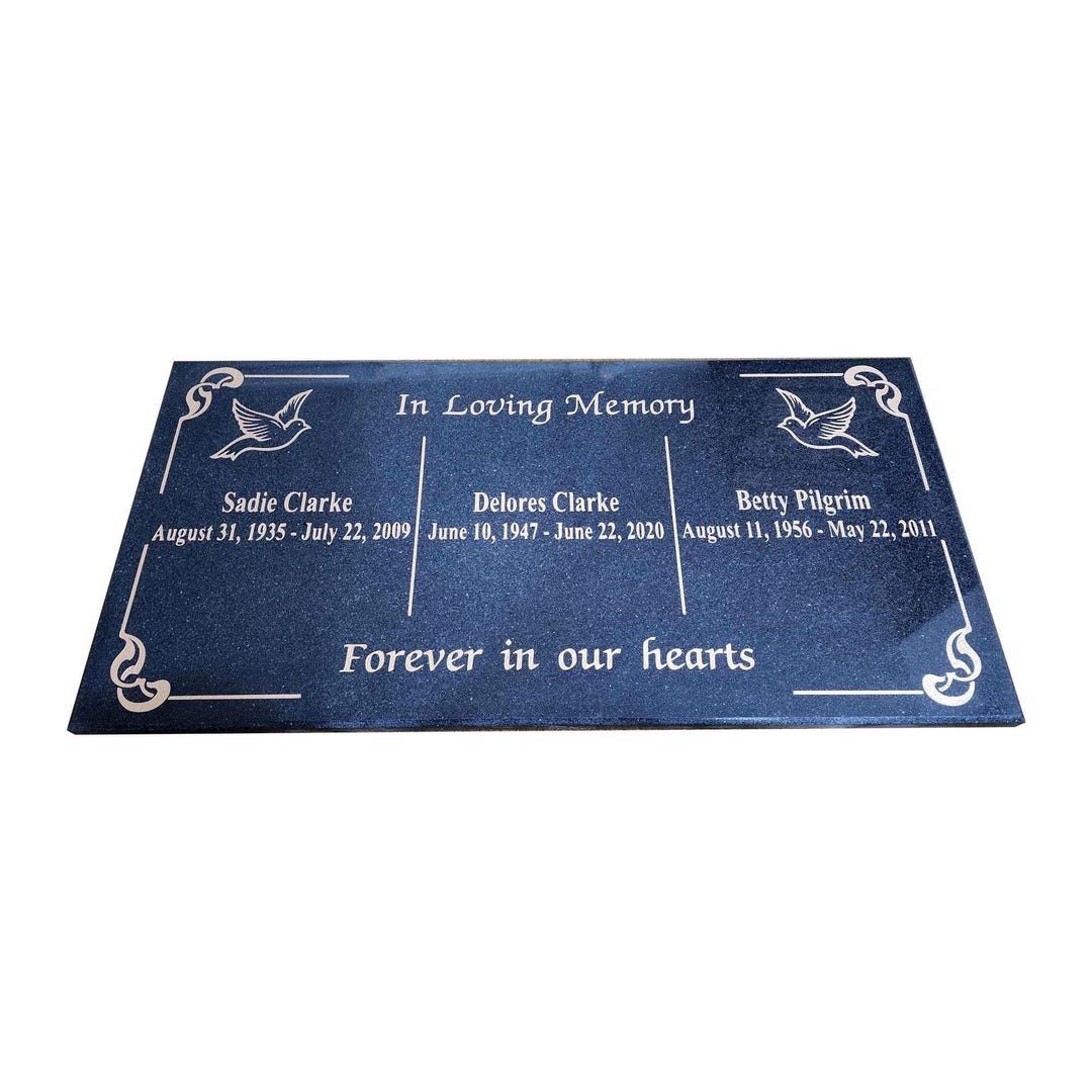 Engraved Black Granite Headstone: 3 People Burial Plaque, Birds Design ...