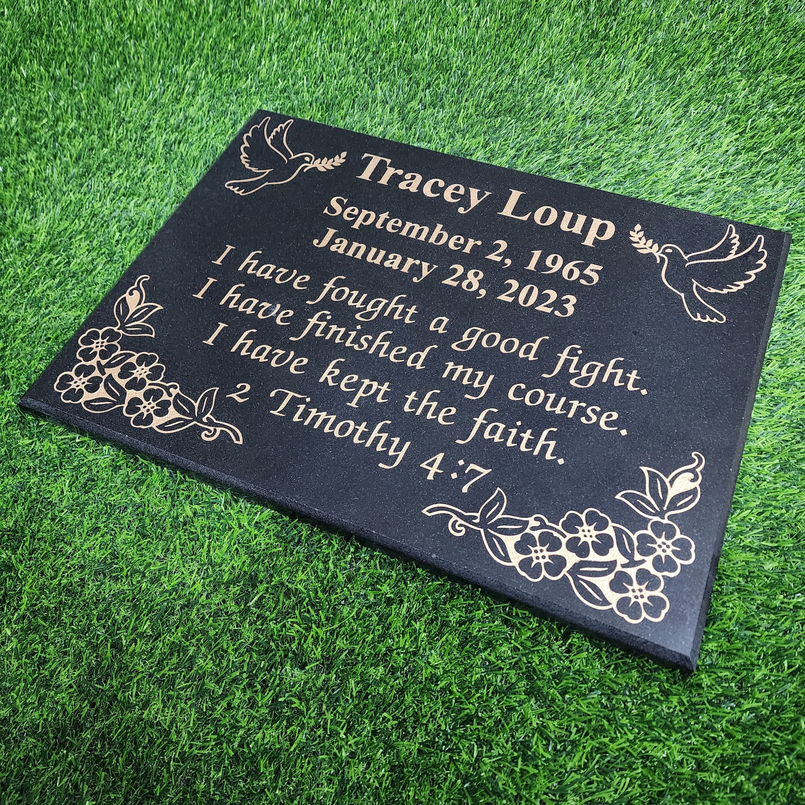 Memorial Black Granite Grave Marker Dogwood Flowers & Doves Angels ...