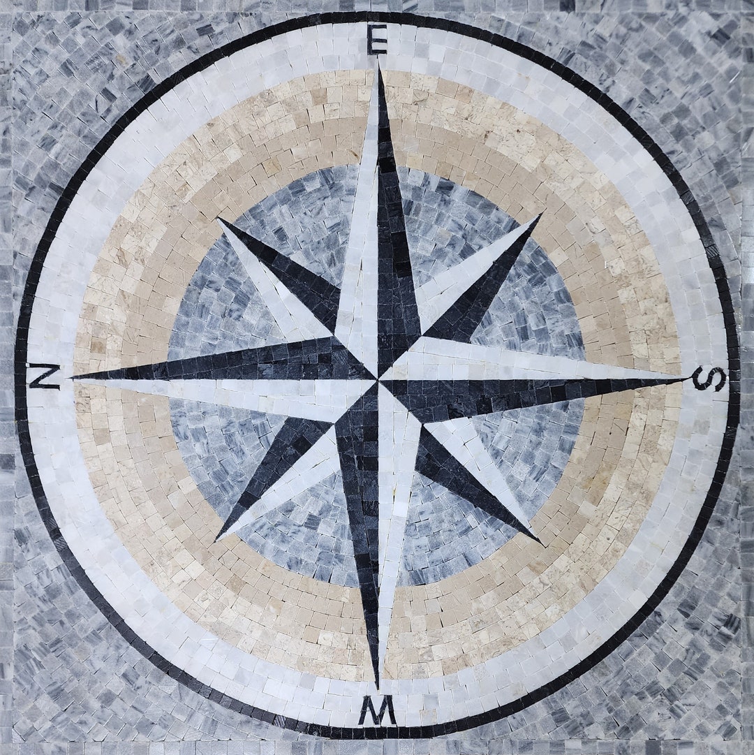 Square Compass Nautical Marble Mosaic With NSEW Cardinals Grey Star Art ...
