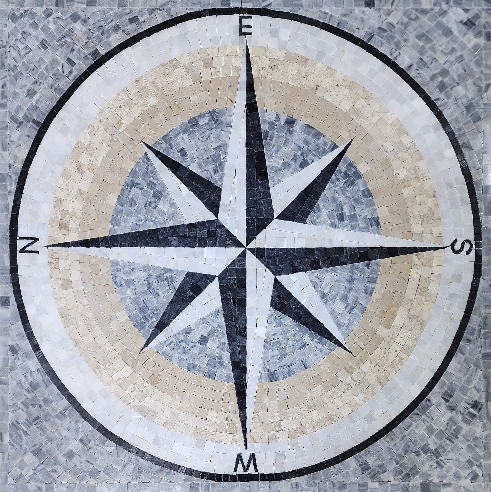 Square Compass Nautical Marble Mosaic With NSEW Cardinals Grey Round ...