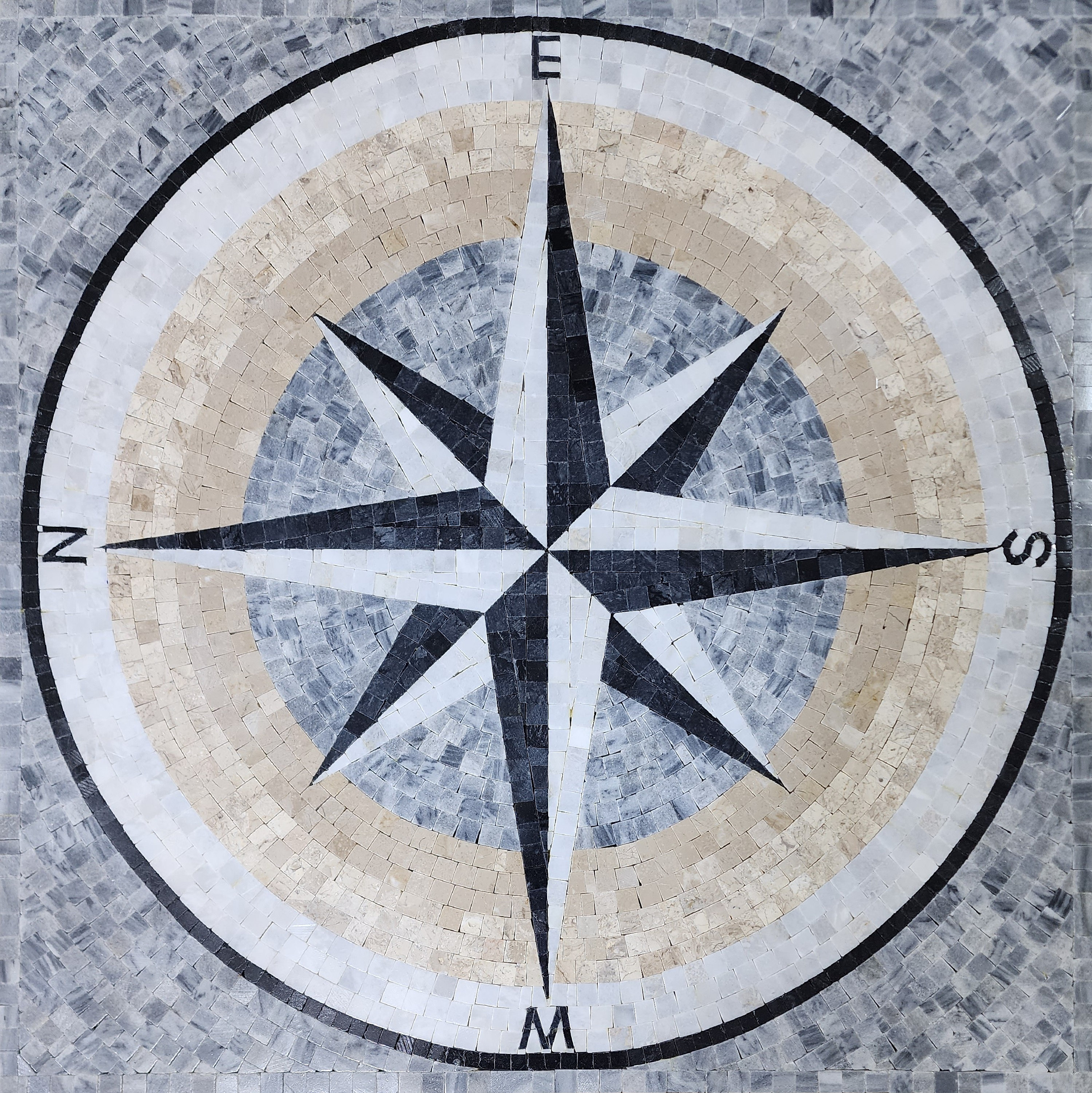 Square Compass Nautical Marble Mosaic With NSEW Cardinals Grey Round ...