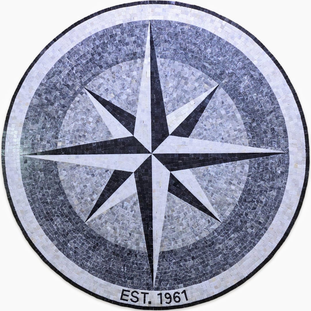 Dual Grey Compass Marble Mosaic Round Nautical Medallion, Natural Stone ...