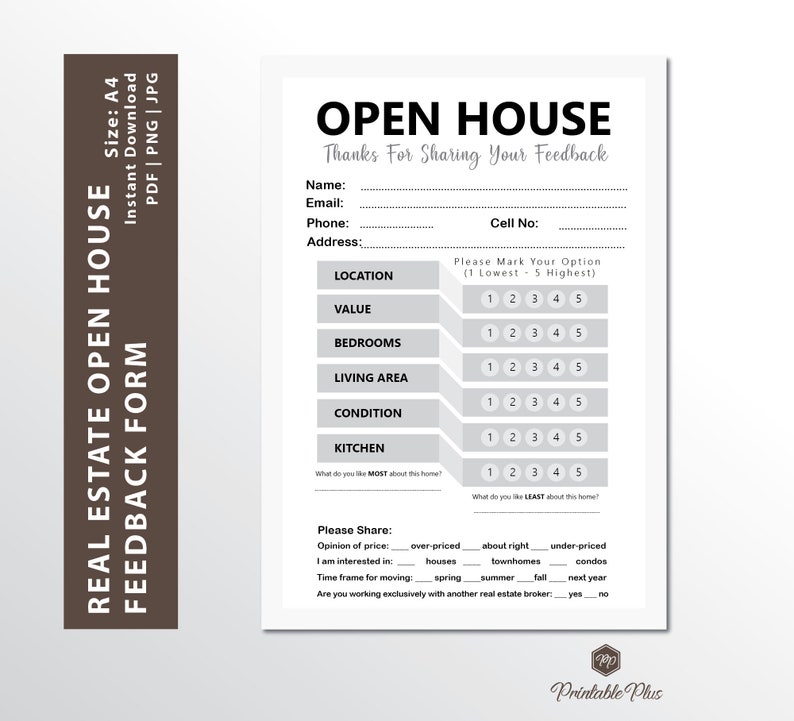 Open House Feedback Form, Real Estate Forms, Open House Printable, Real ...