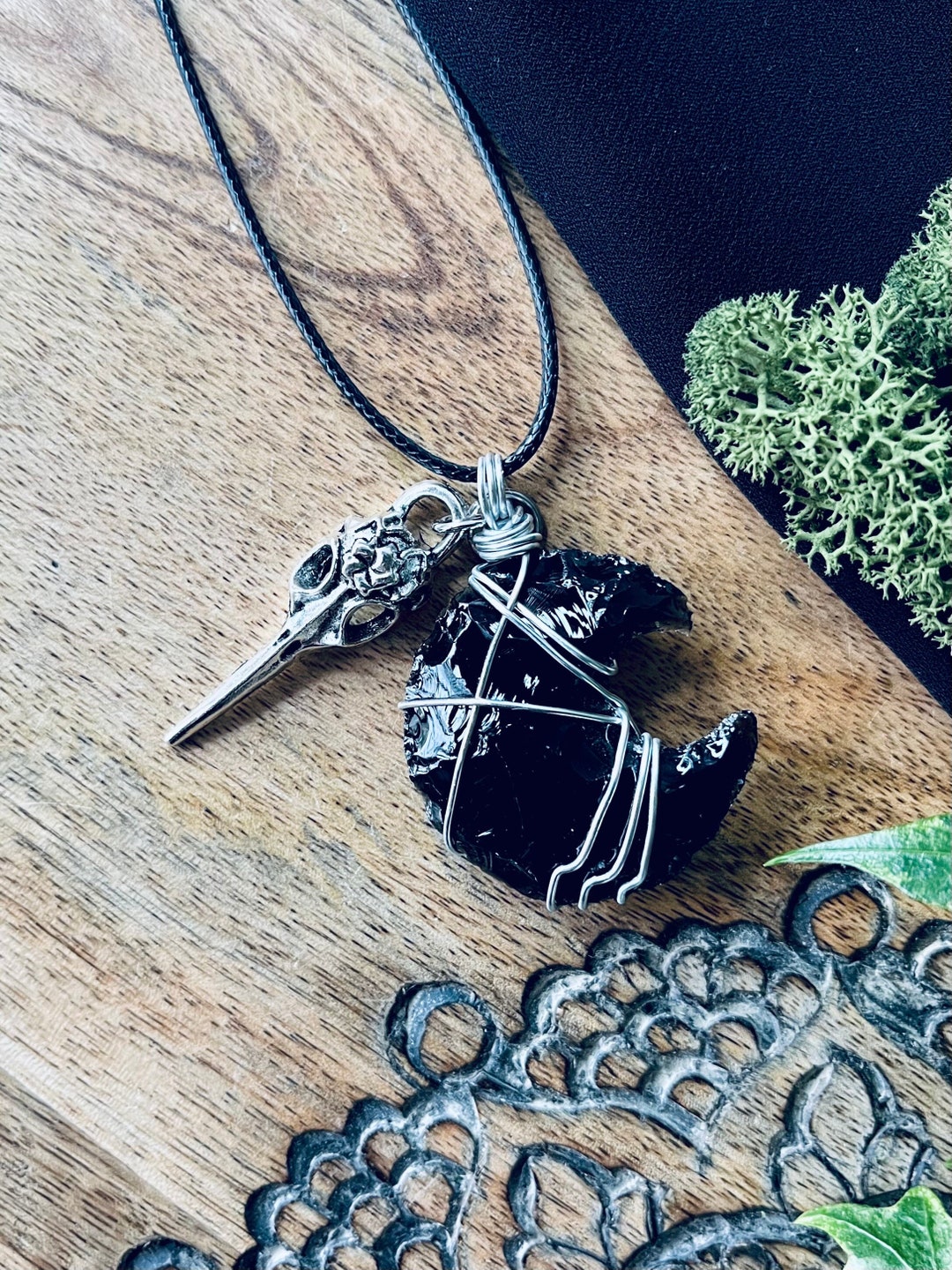Obsidian Moon Pendant Raven Skull Necklace Crystal Healing Natural ...