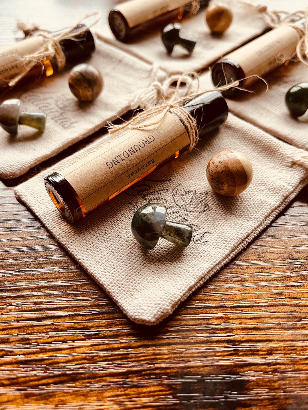 GROUNDING Gift Set Essential Oil Roller Crystal Mushroom & Sphere ...