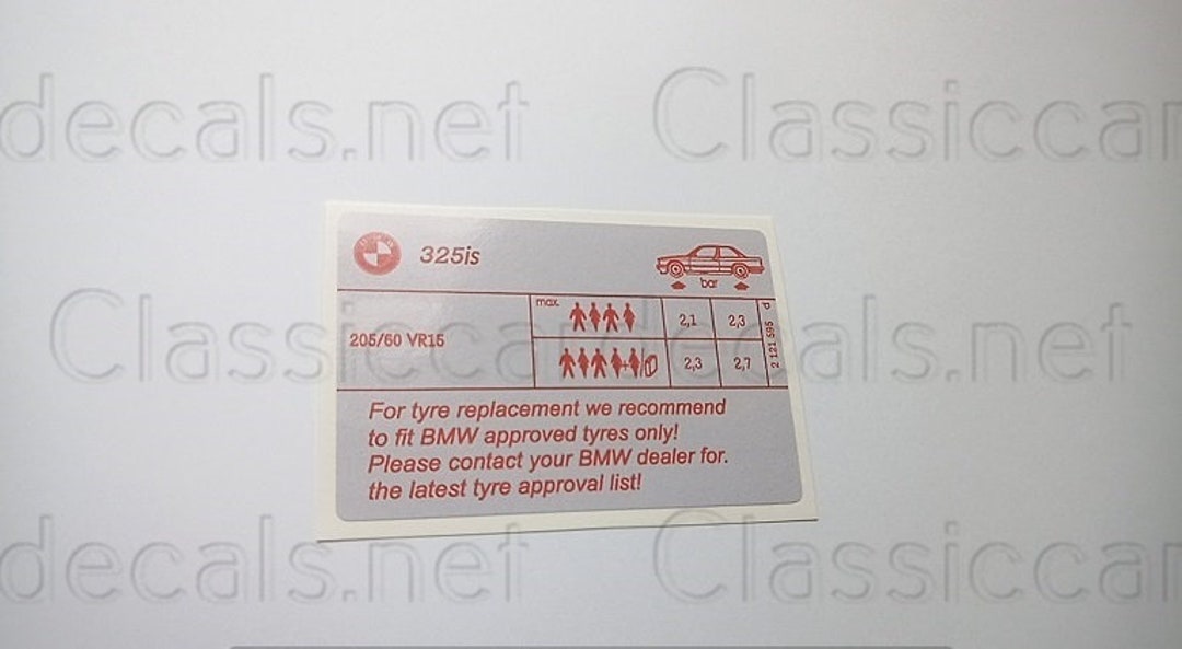 BMW E30 325is Tire Tyre Pressure Sticker Decal - Etsy