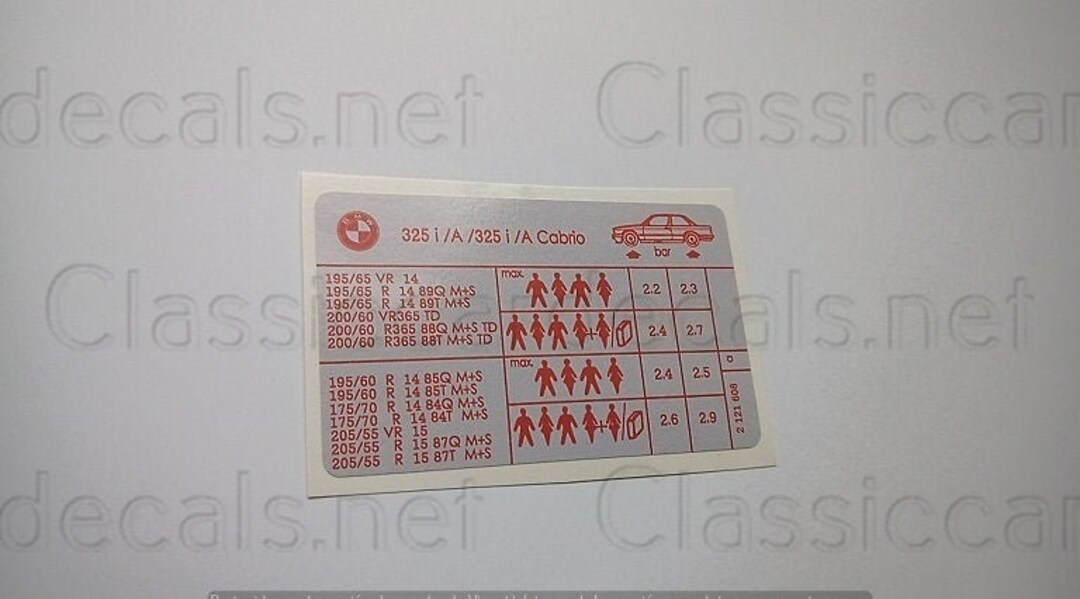 BMW E30 325i a Cabrio Tire Tyre Pressure Sticker Decal - Etsy