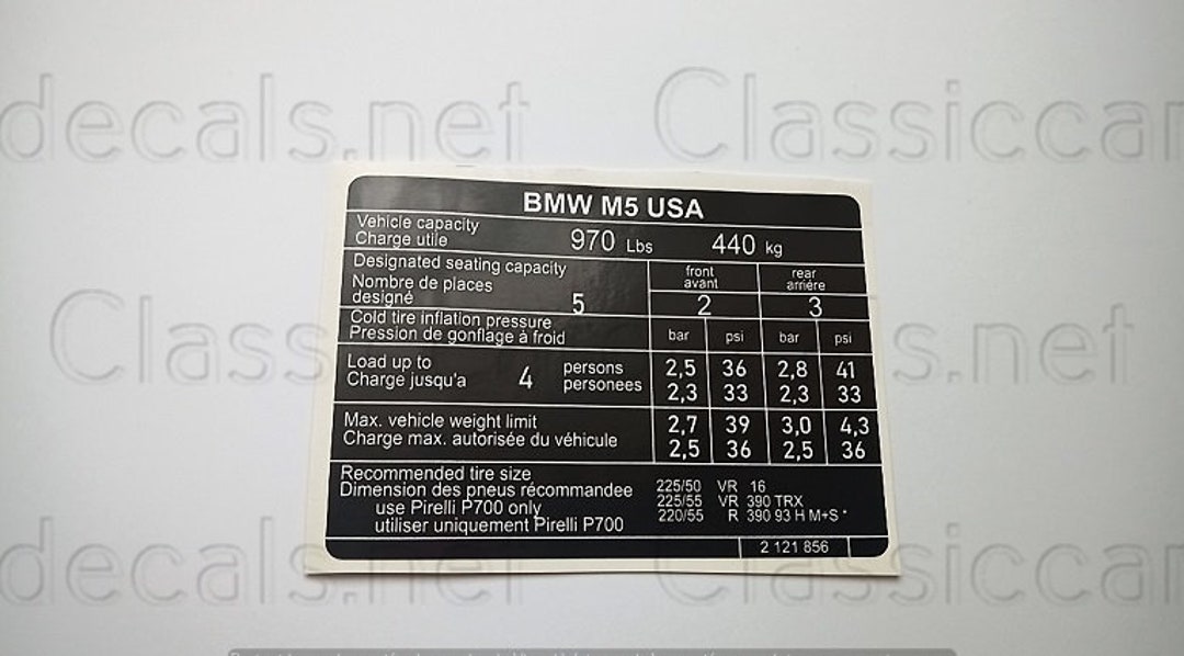 BMW M5 E28 Tire Pressure Label Sticker Decal - Etsy