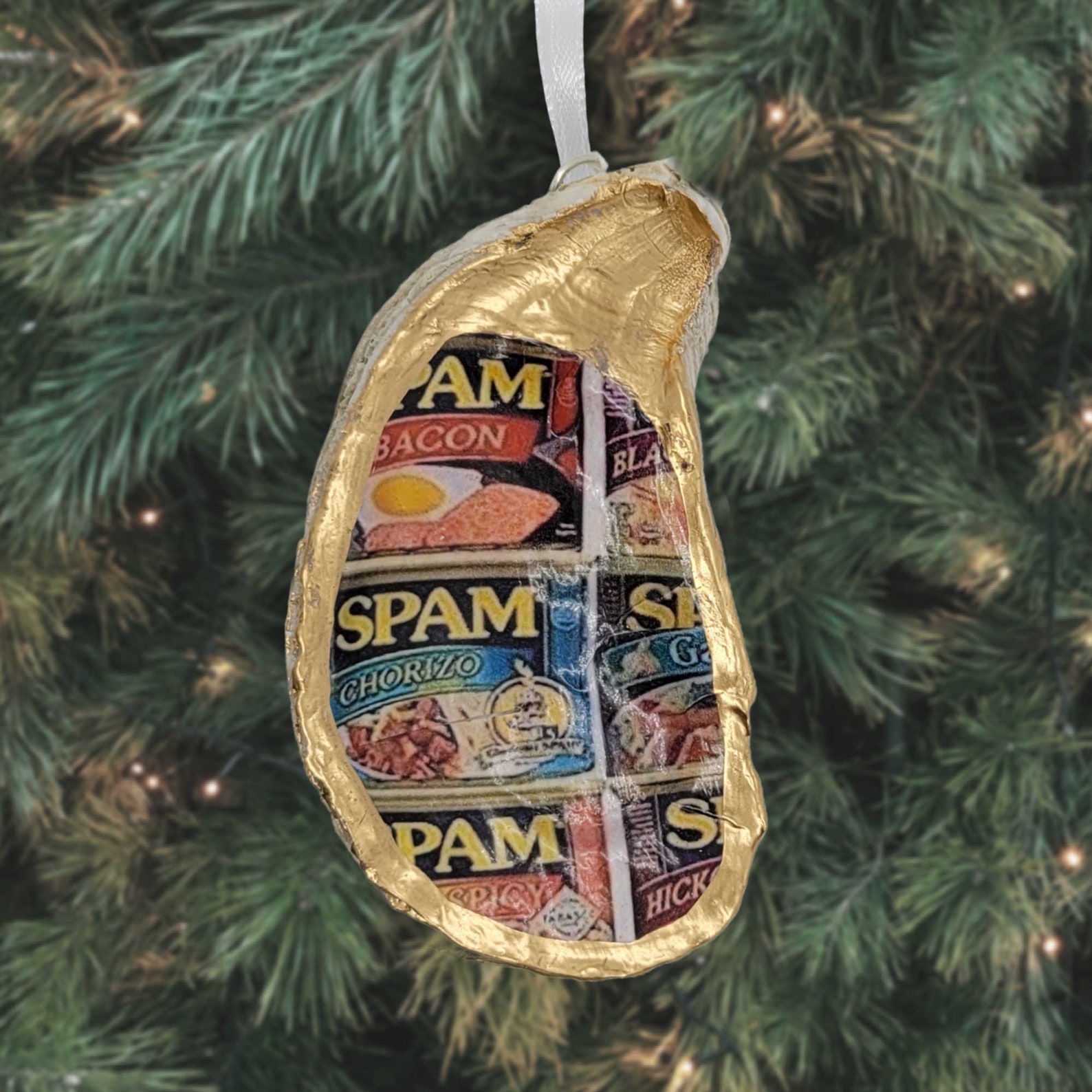 Handmade Spam Oyster Shell Christmas Ornament: White Elephant Gag Gift ...