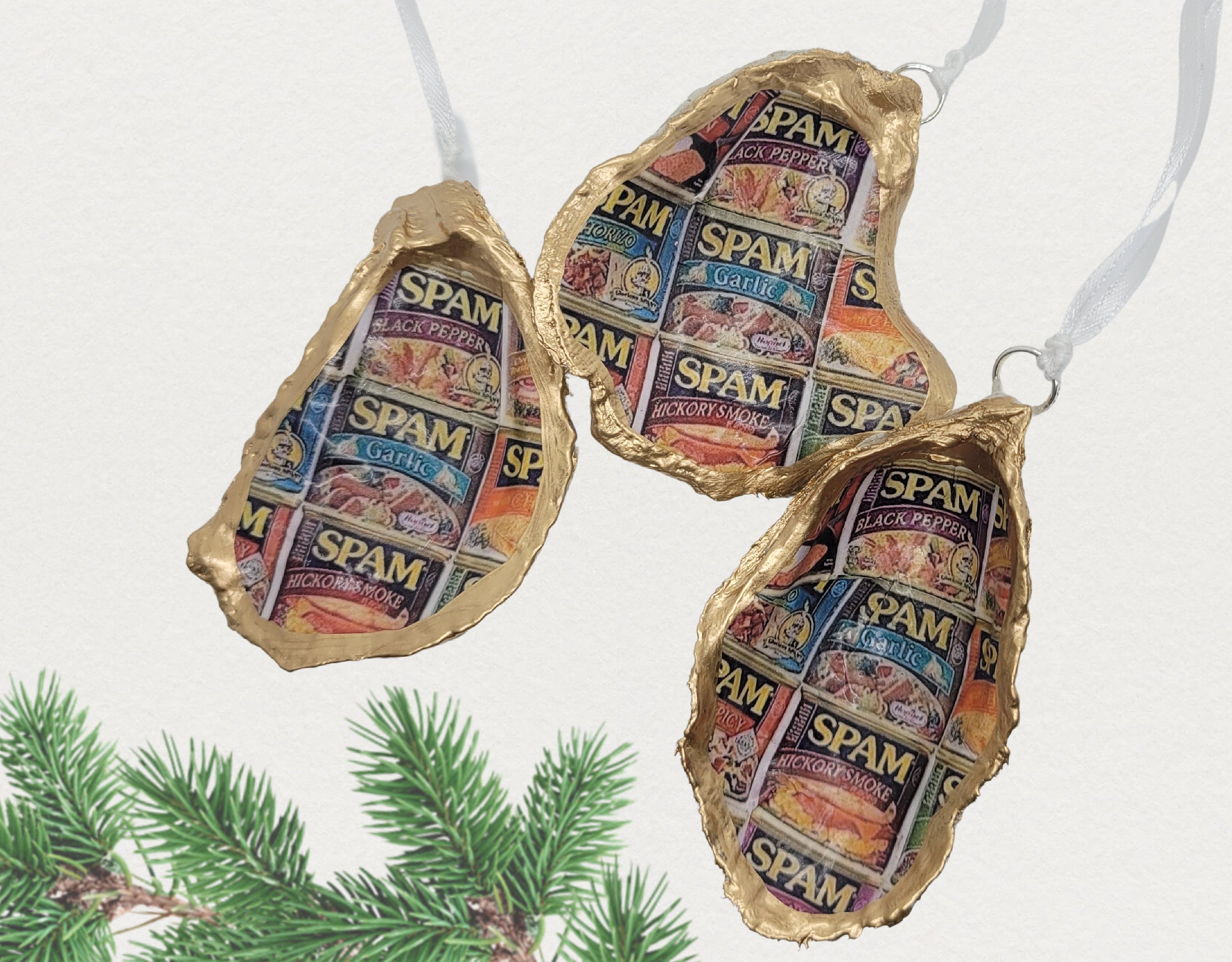 Handmade Spam Oyster Shell Christmas Ornament: White Elephant Gag Gift ...
