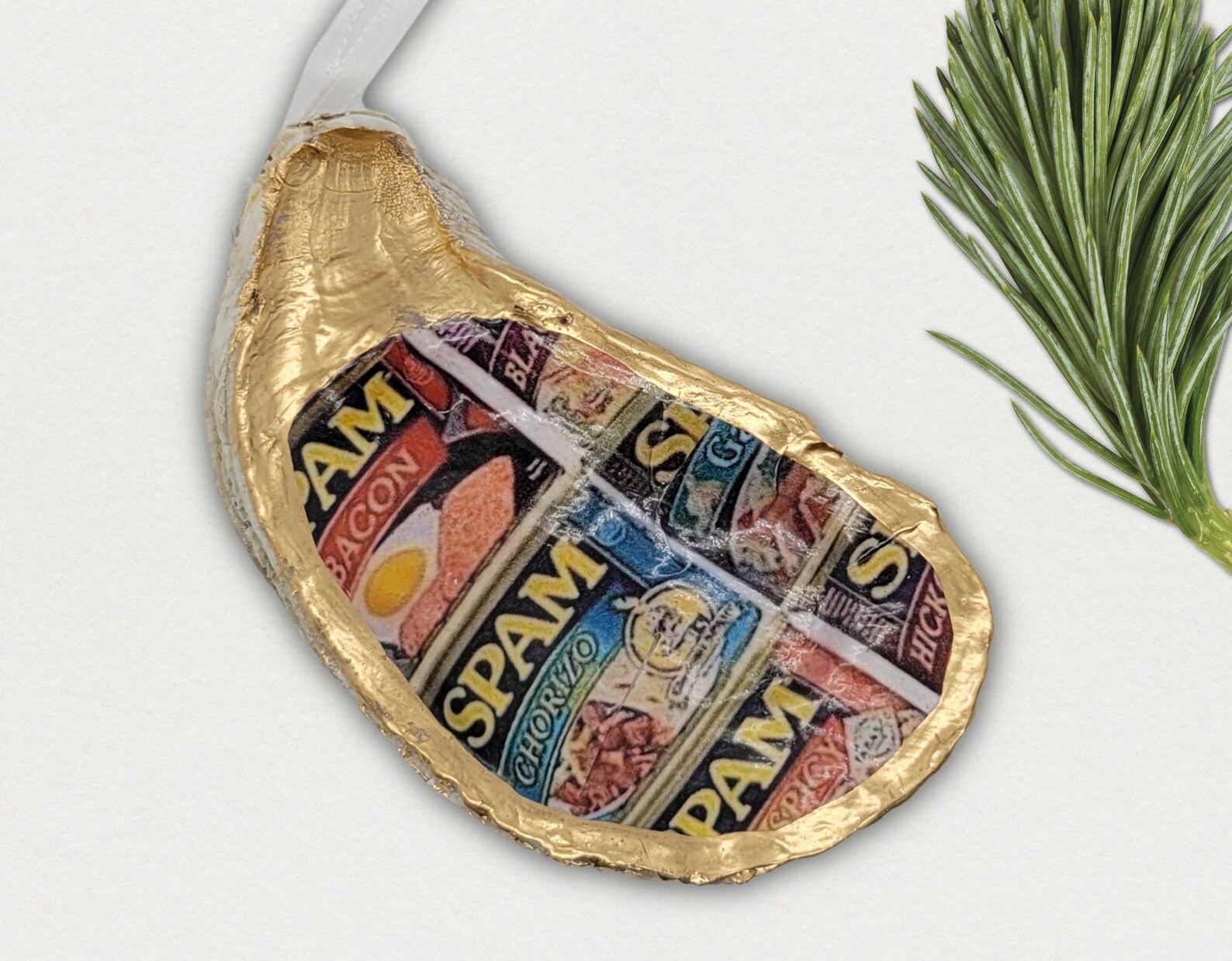 Handmade Spam Oyster Shell Christmas Ornament: White Elephant Gag Gift ...