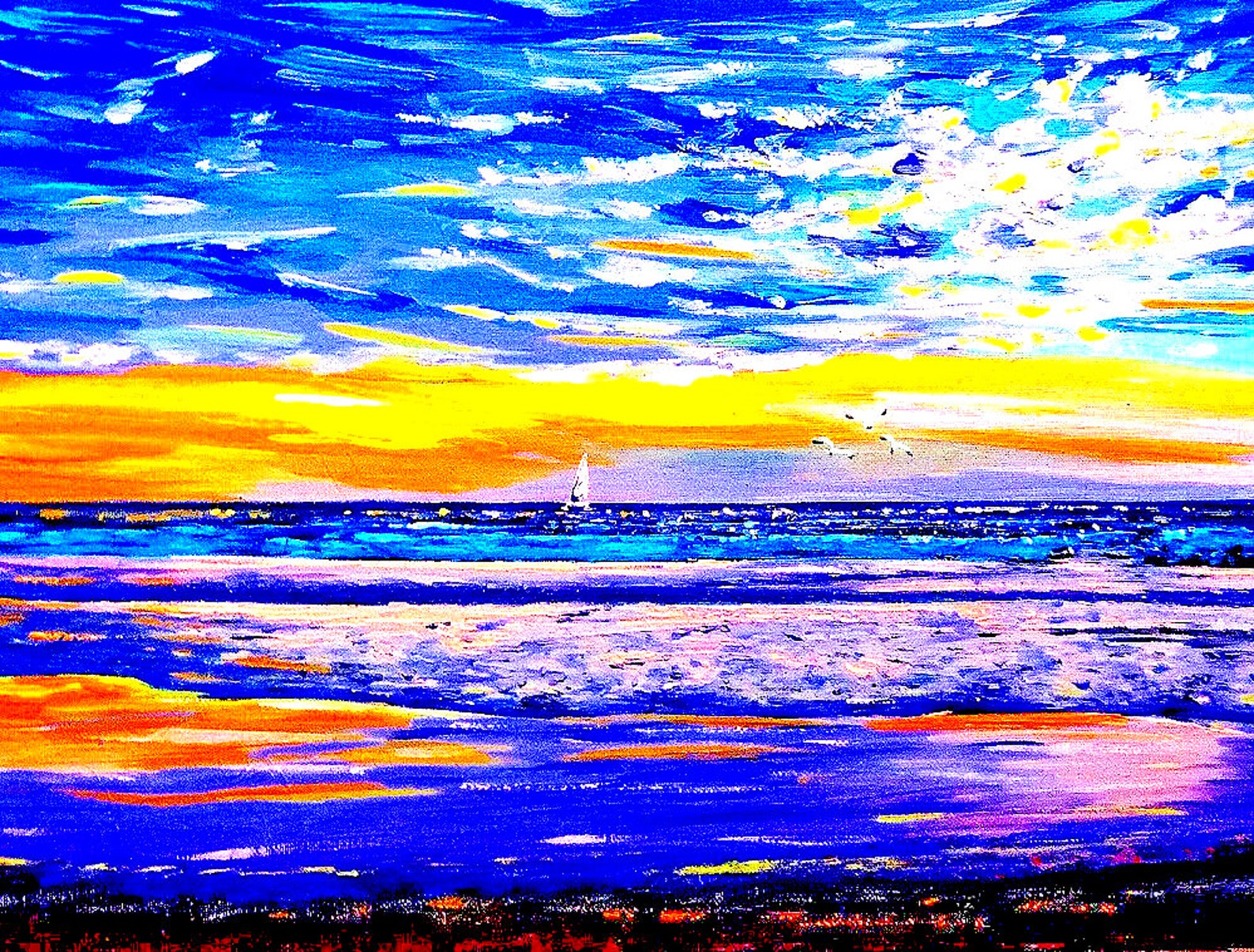 ORIGINAL Painting Ocean Sea Island Breeze Blue Green Water Sunset ...
