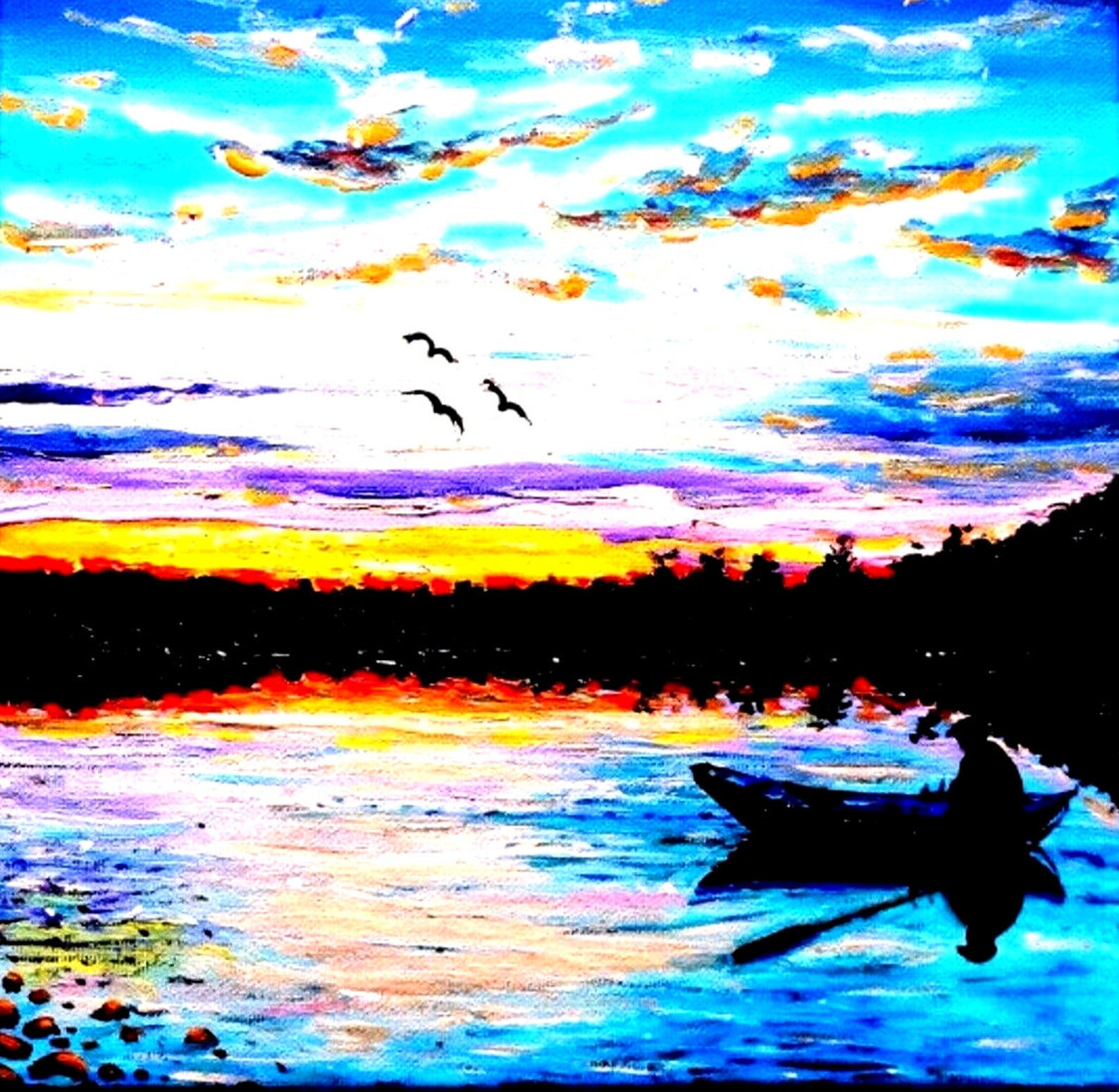 ORIGINAL PAINTING, LAKE, Fishing Boat, Sunrise/sunset Lake Wall Art ...