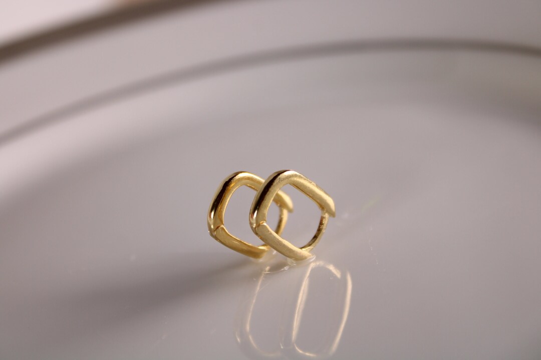 Minimalist Rectangular Small Hoop Earrings, Gold Plated Sterling Silver ...
