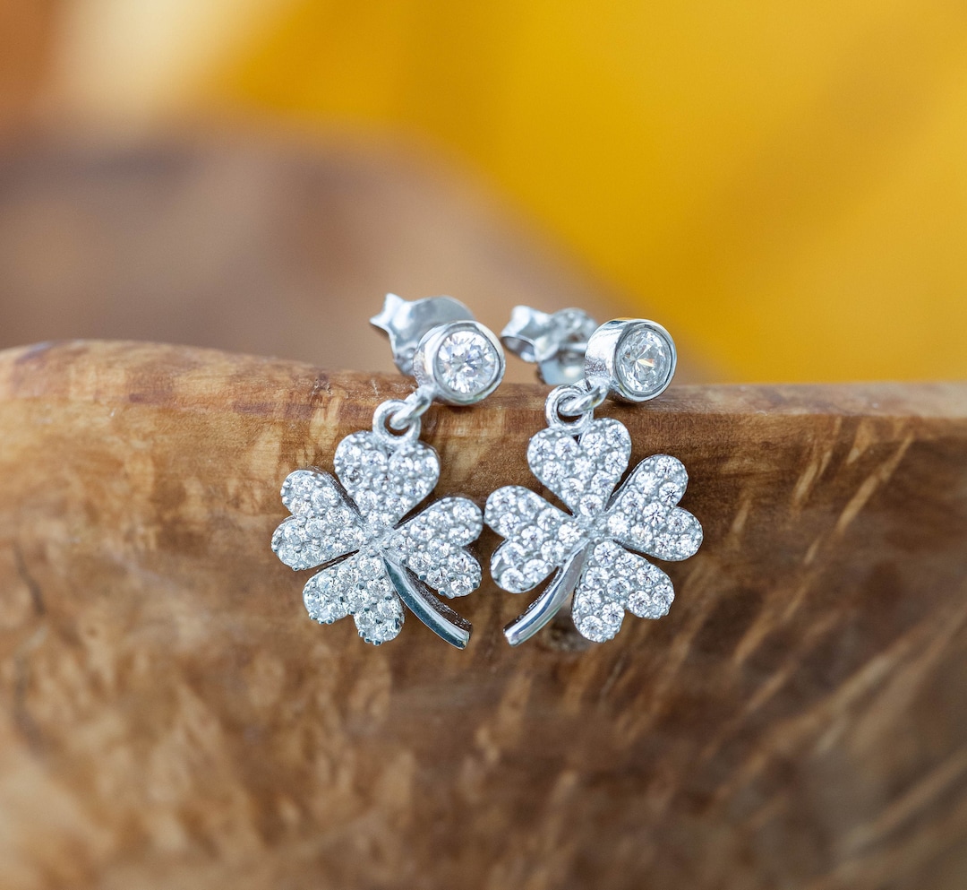Four Leaf Clover Drop Earrings, Silver Good Luck Earrings With Zircon ...