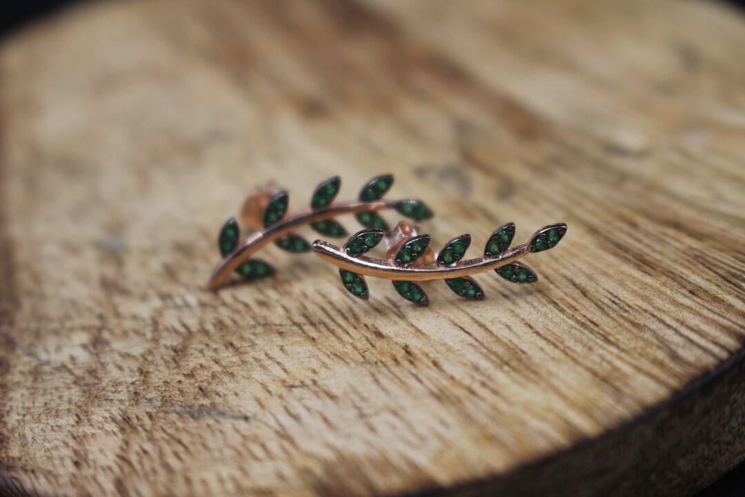 Green Leaf Stud Earrings, Green Nature Ear Climber for Bridesmaids. - Etsy