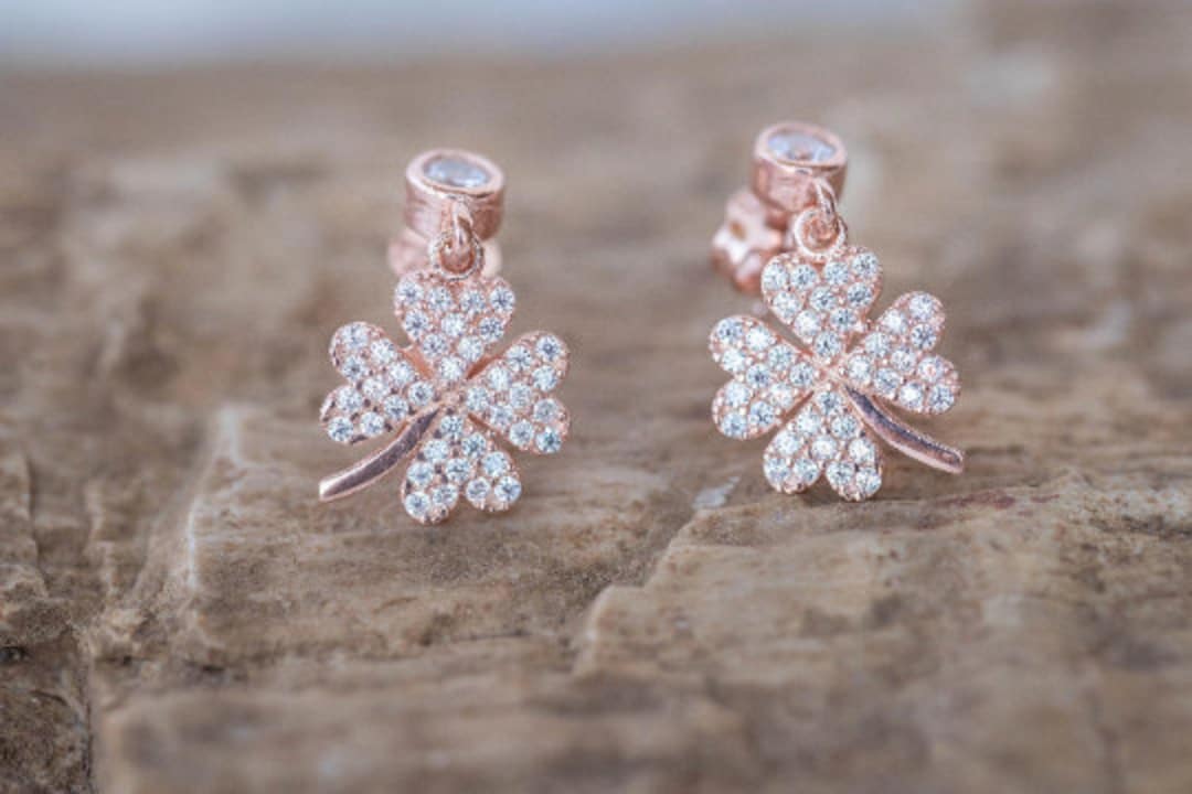 Rose Gold Four-leaf Clover Stud Earrings With Sparkling Zircons - Etsy