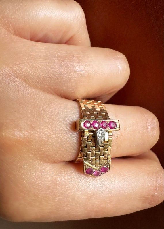 14k Gold Rubies Buckle Retro Mesh Ring Wedding Engage… - Gem