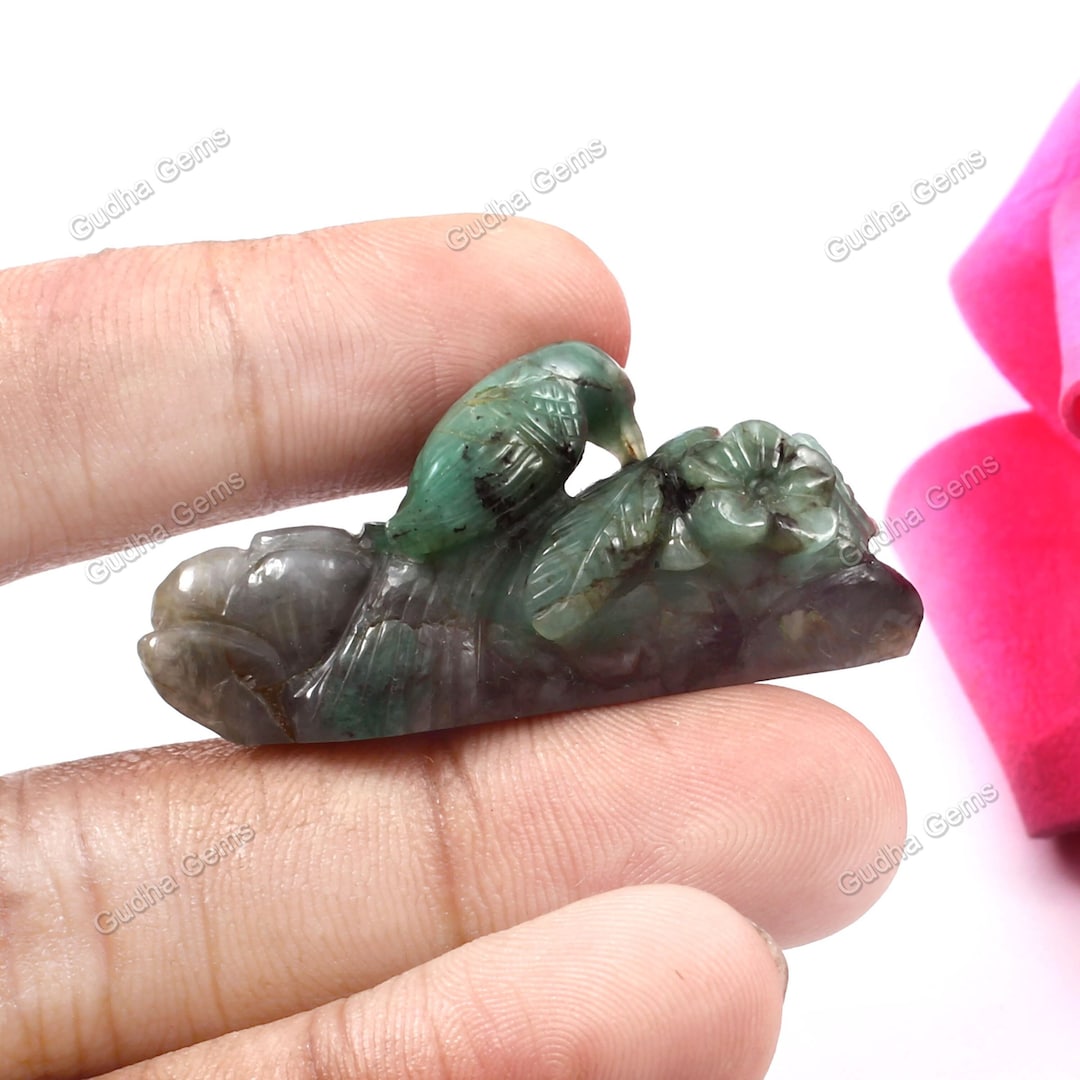 Hand Carved Emerald Sparrow Sculpture: Antique Leaf-flower Design - Etsy