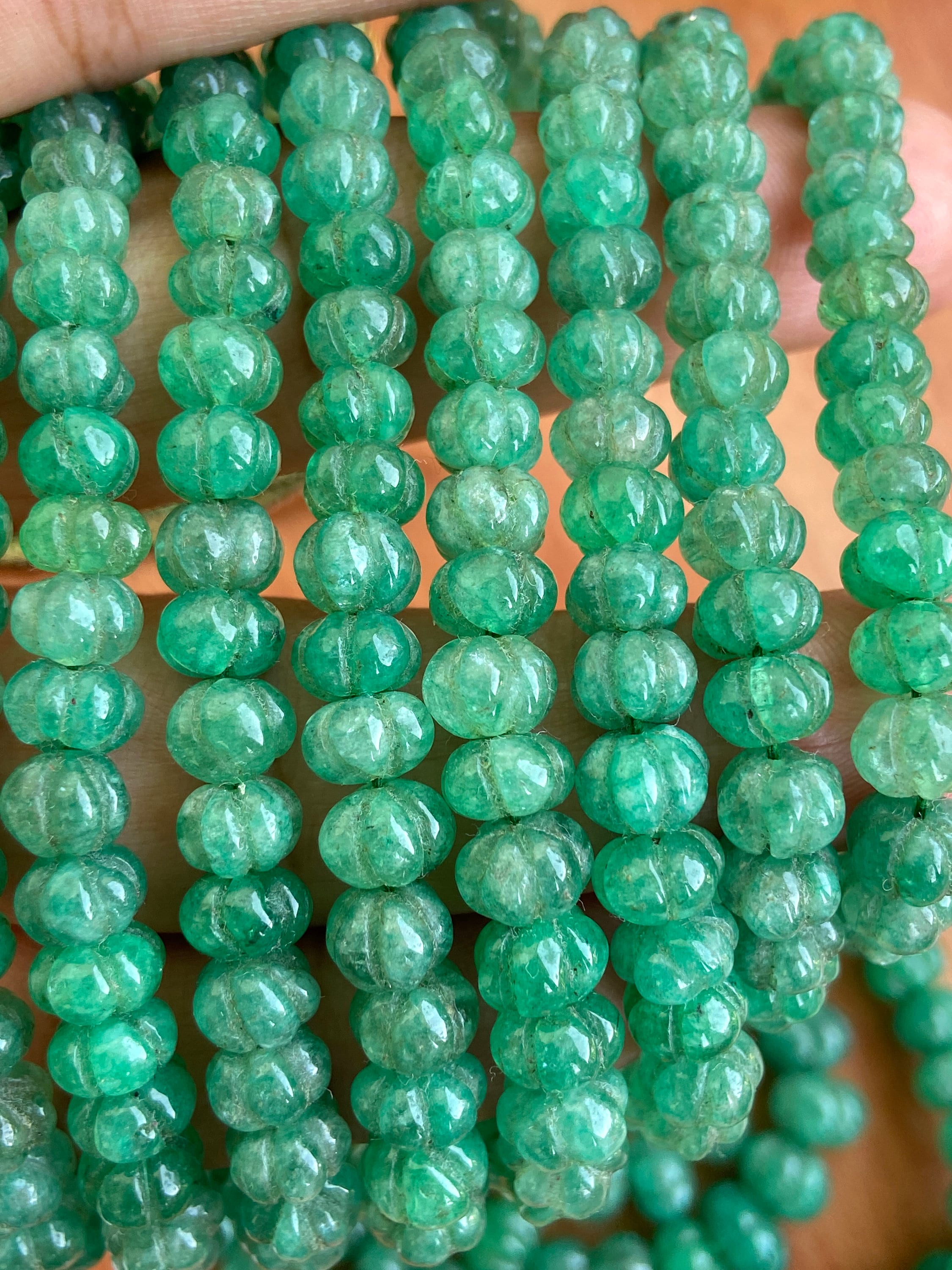 4 Strands 750 Carats Beryl Emerald Melon Pumpkin Carved Beads * 6 to 10 ...