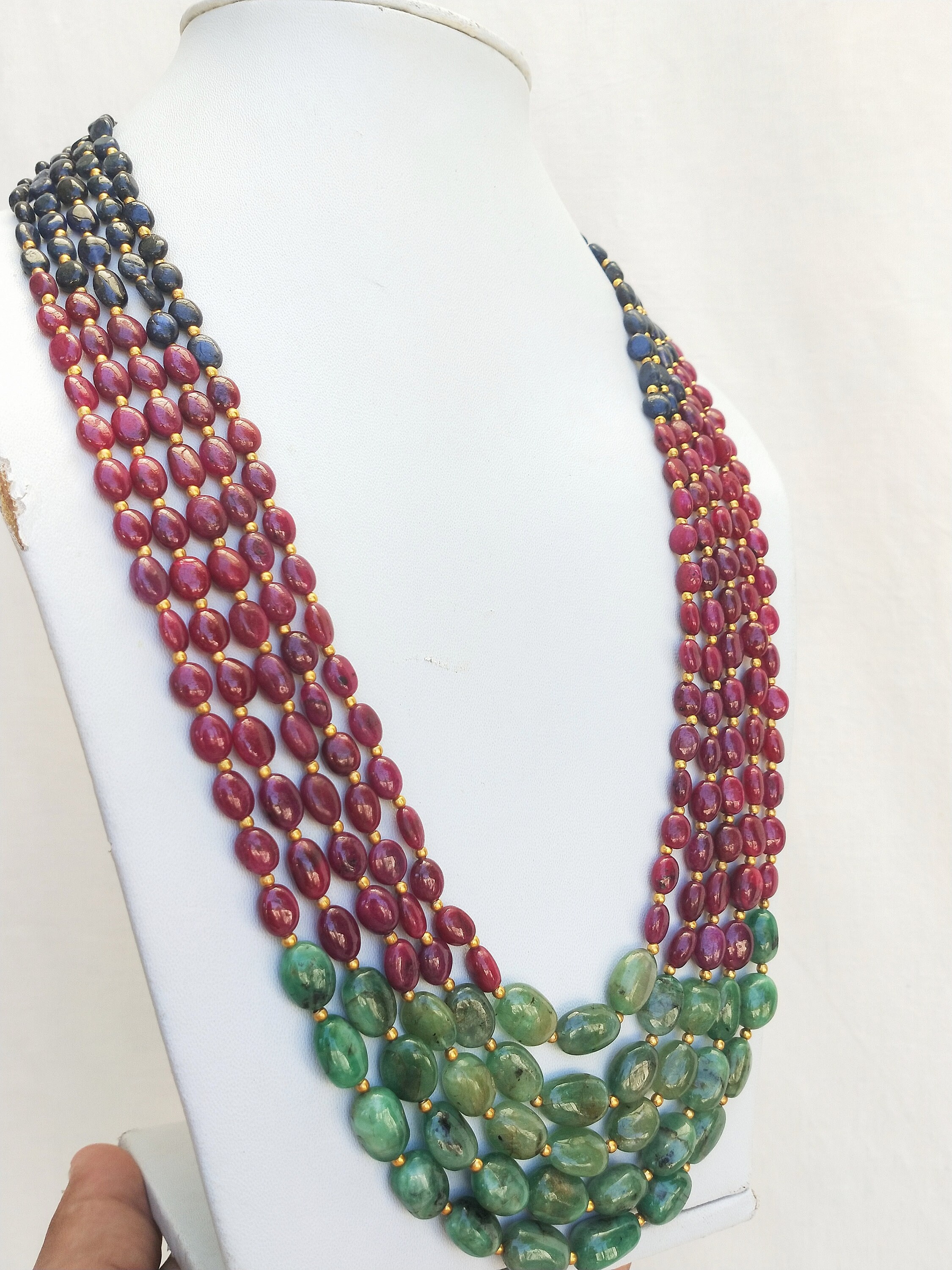 5 Strands Natural Precious Ruby Emerald Blue Sapphire Multi | Etsy