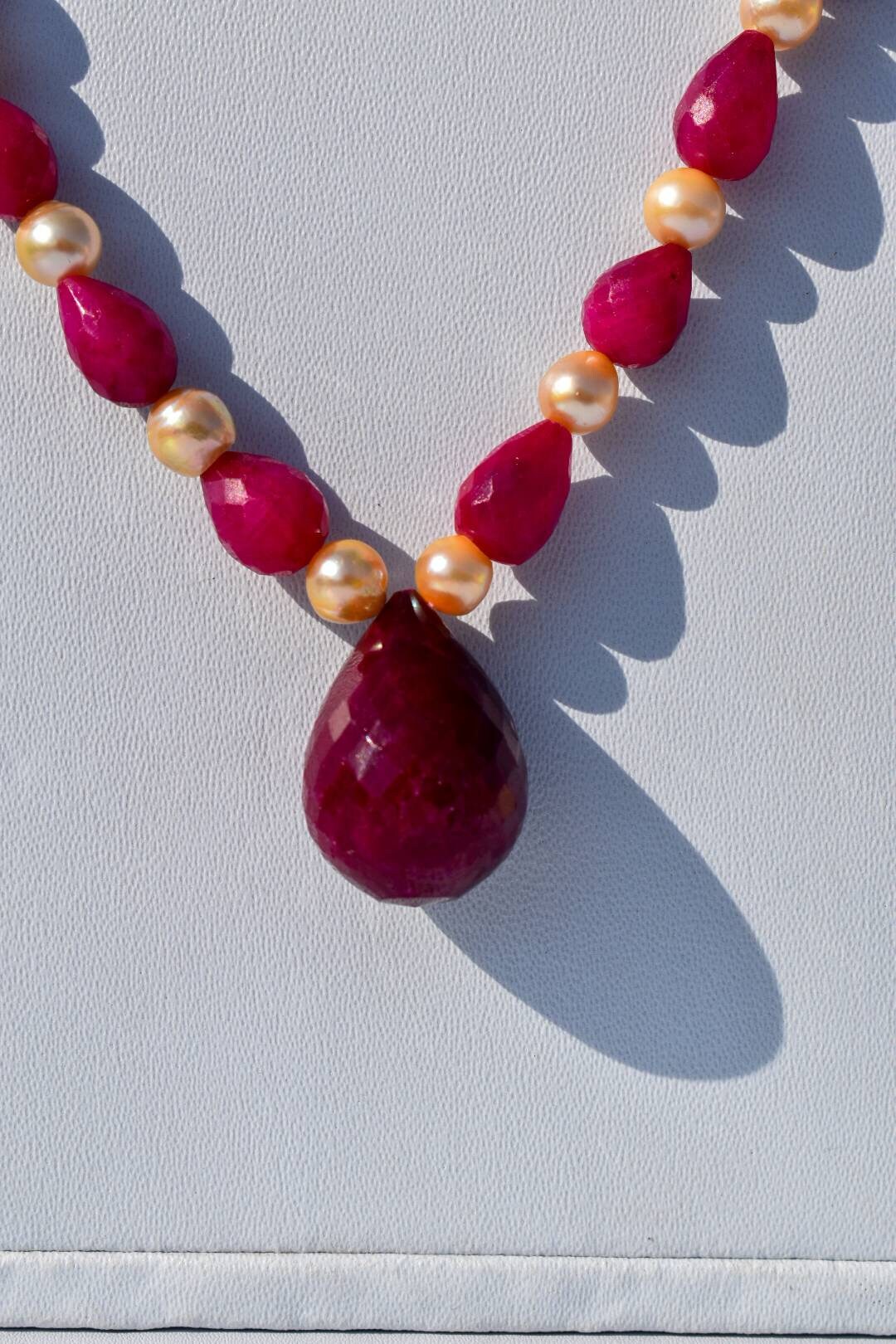 Precious Natural Dyed Ruby and Pearls Necklace., Top-to-bottom Drilled ...