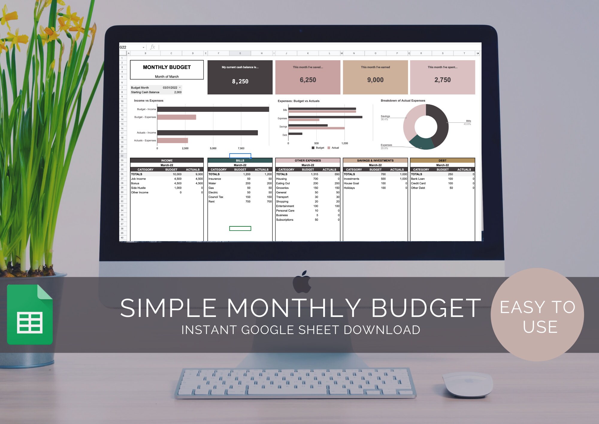 Simple Monthly Budget Spreadsheet | Budget Template | Personal Finance ...