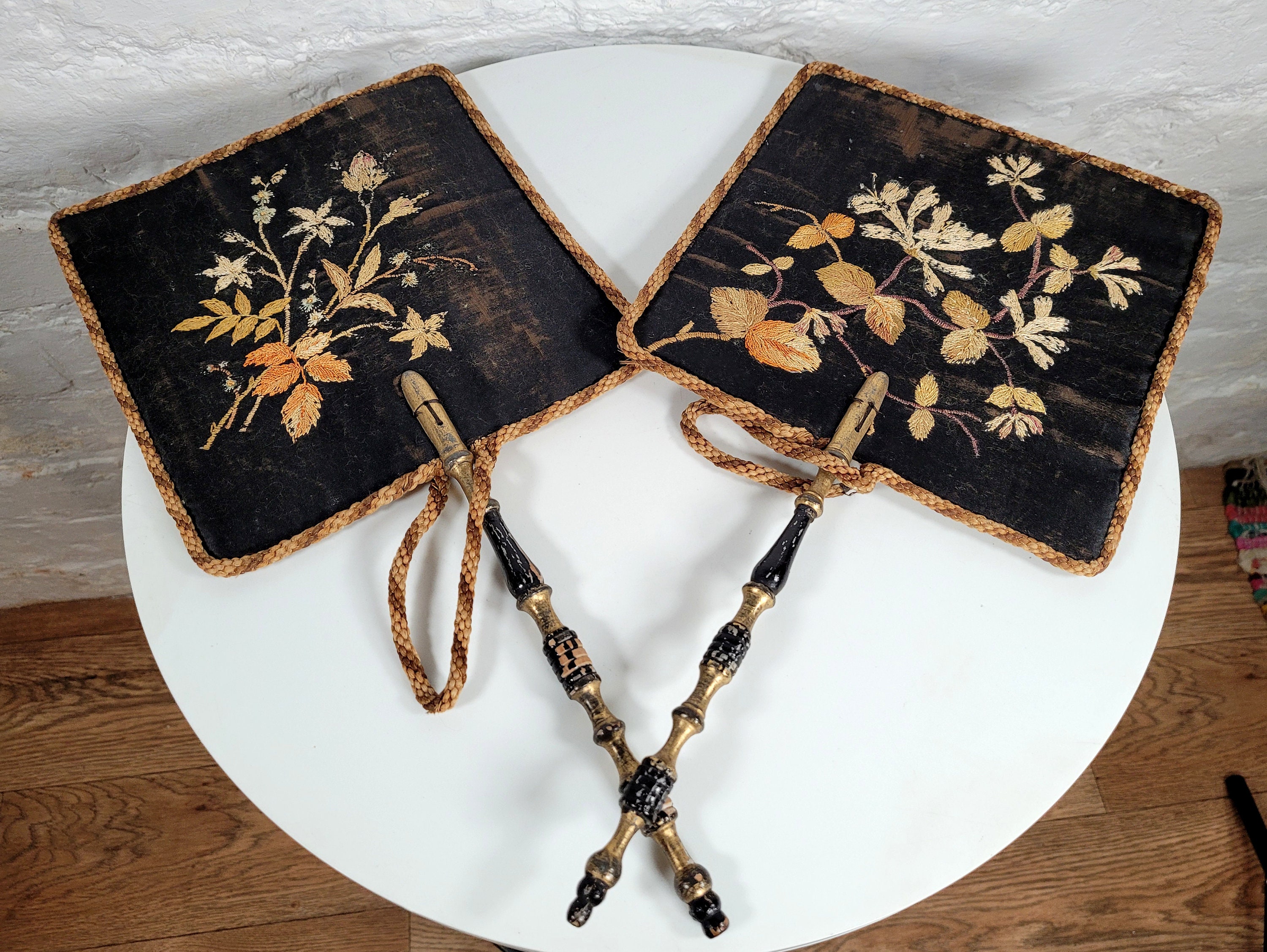 A Pair of Antique Silk Embroidered Georgian Fans / Antique Silk / Hand ...