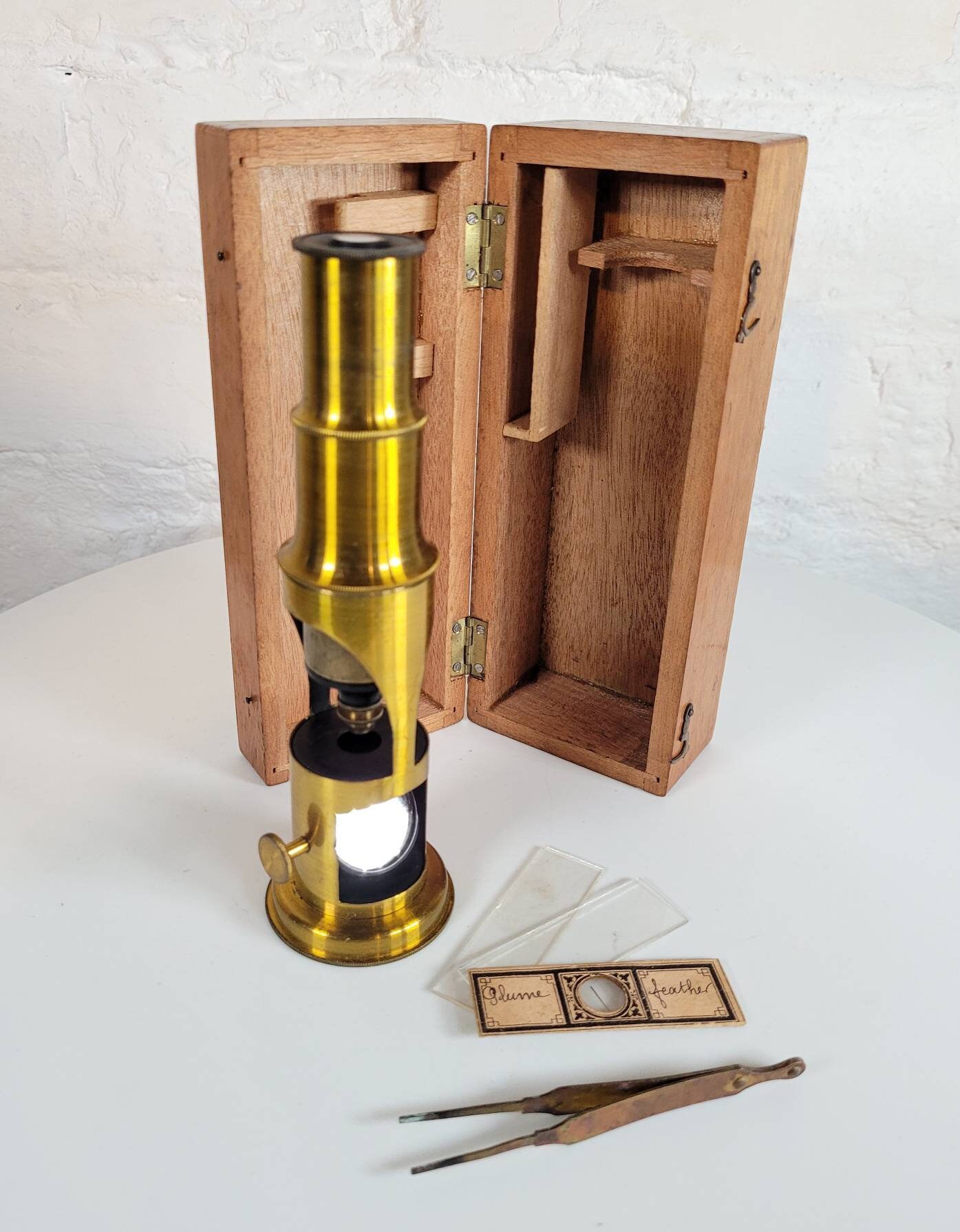 Antique Brass Barrel Field / Student Microscope With Slides and ...