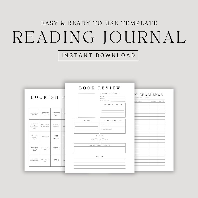 Reading Journal, Digital Download, Minimalist, B&W, Printable, Reading ...