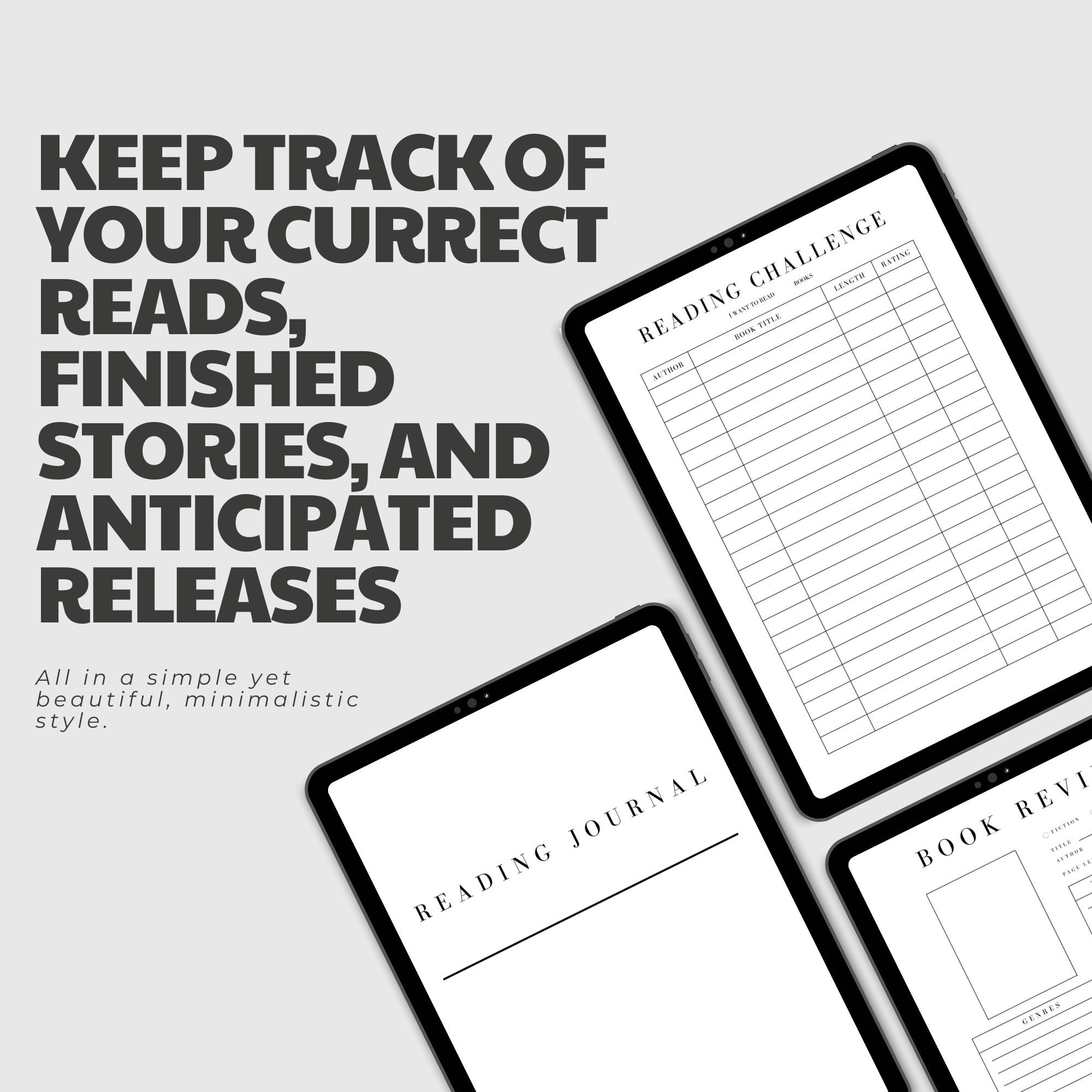 Reading Journal, Digital Download, Minimalist, B&W, Printable, Reading ...